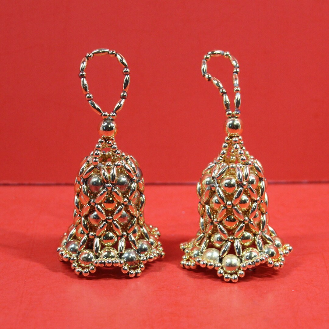Vintage Christmas Ornament Beaded Bells / Set of 2 Handmade Gold Tone ...