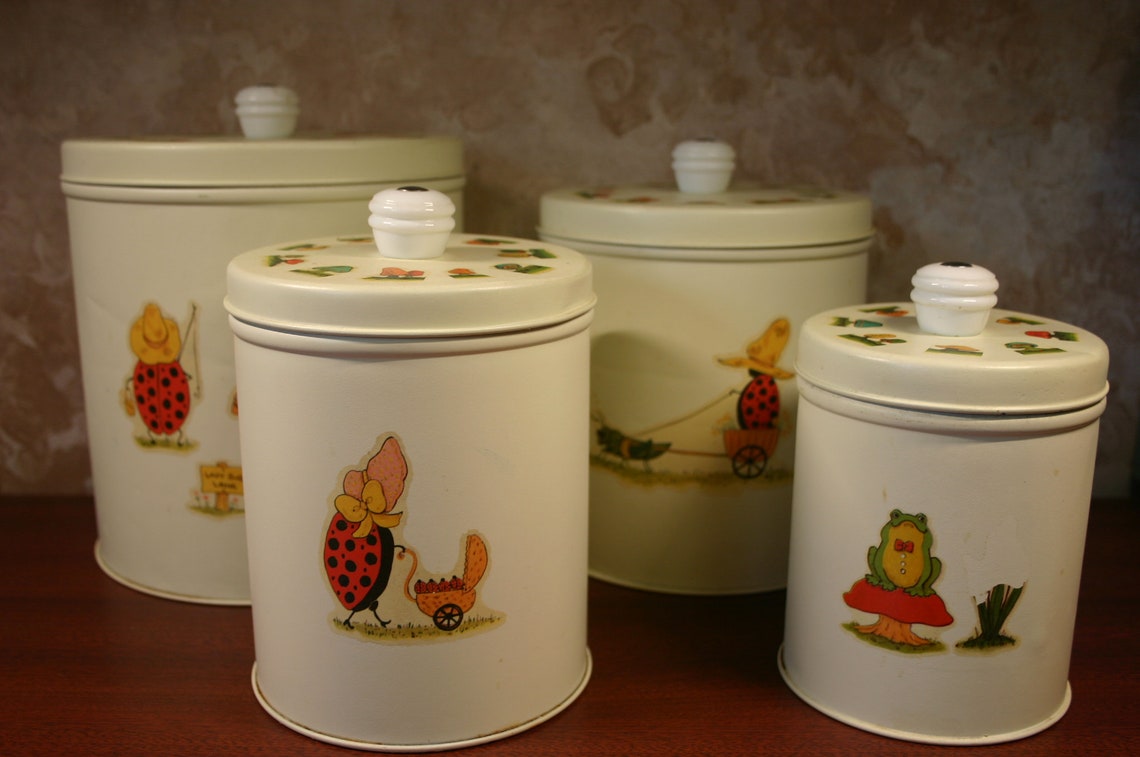 Vintage Metal Canister Set of 4 / off White / Ladybug Frog | Etsy