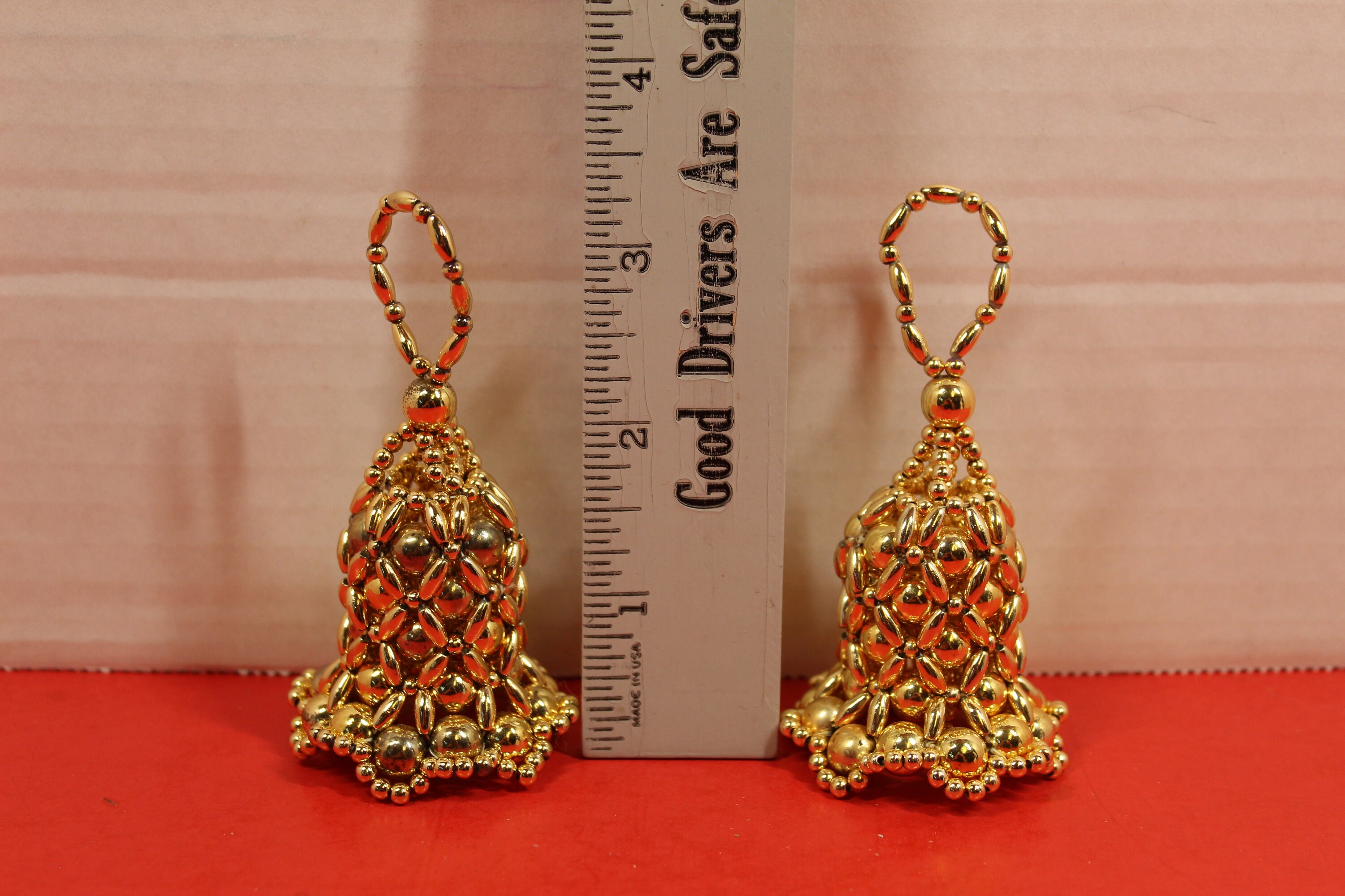 Vintage Christmas Ornament Beaded Bells / Set of 2 Handmade Gold Tone ...