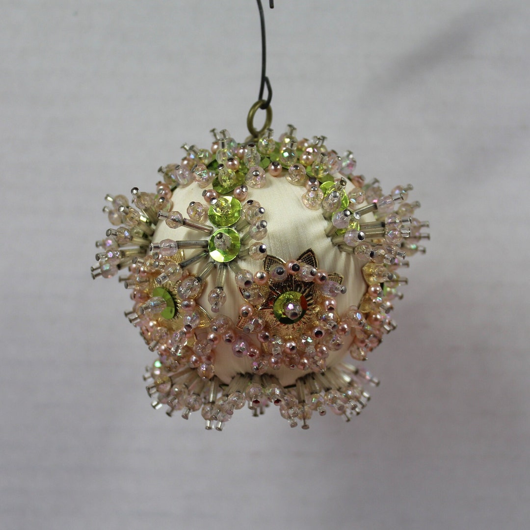 Vintage Christmas Handmade Bead & Sequin Push Pin Styrofoam Ball ...