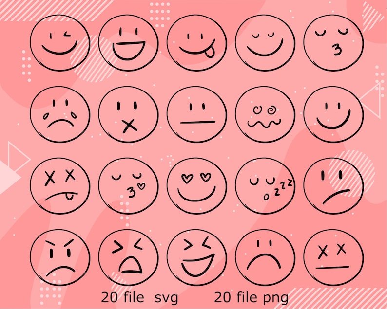 Emoji Face SVG & PNG Bundle | 56 Black Line Art Designs (digital ...