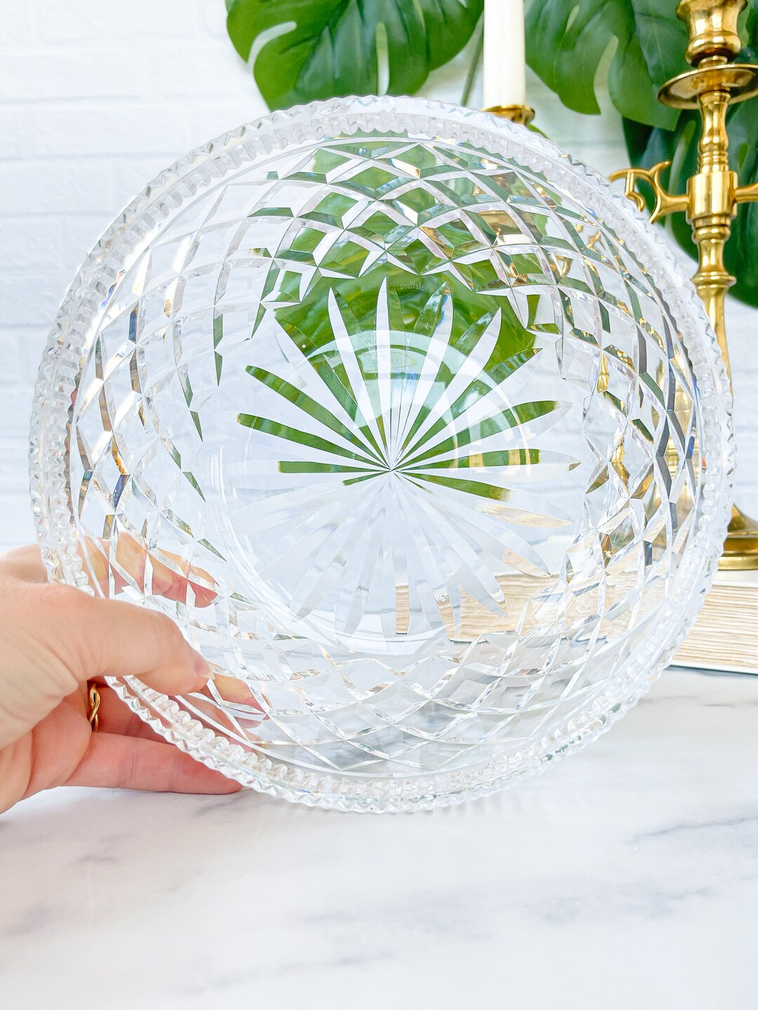 Large Vintage Crystal Serving Bowl - Grid Cut Pattern - Etsy