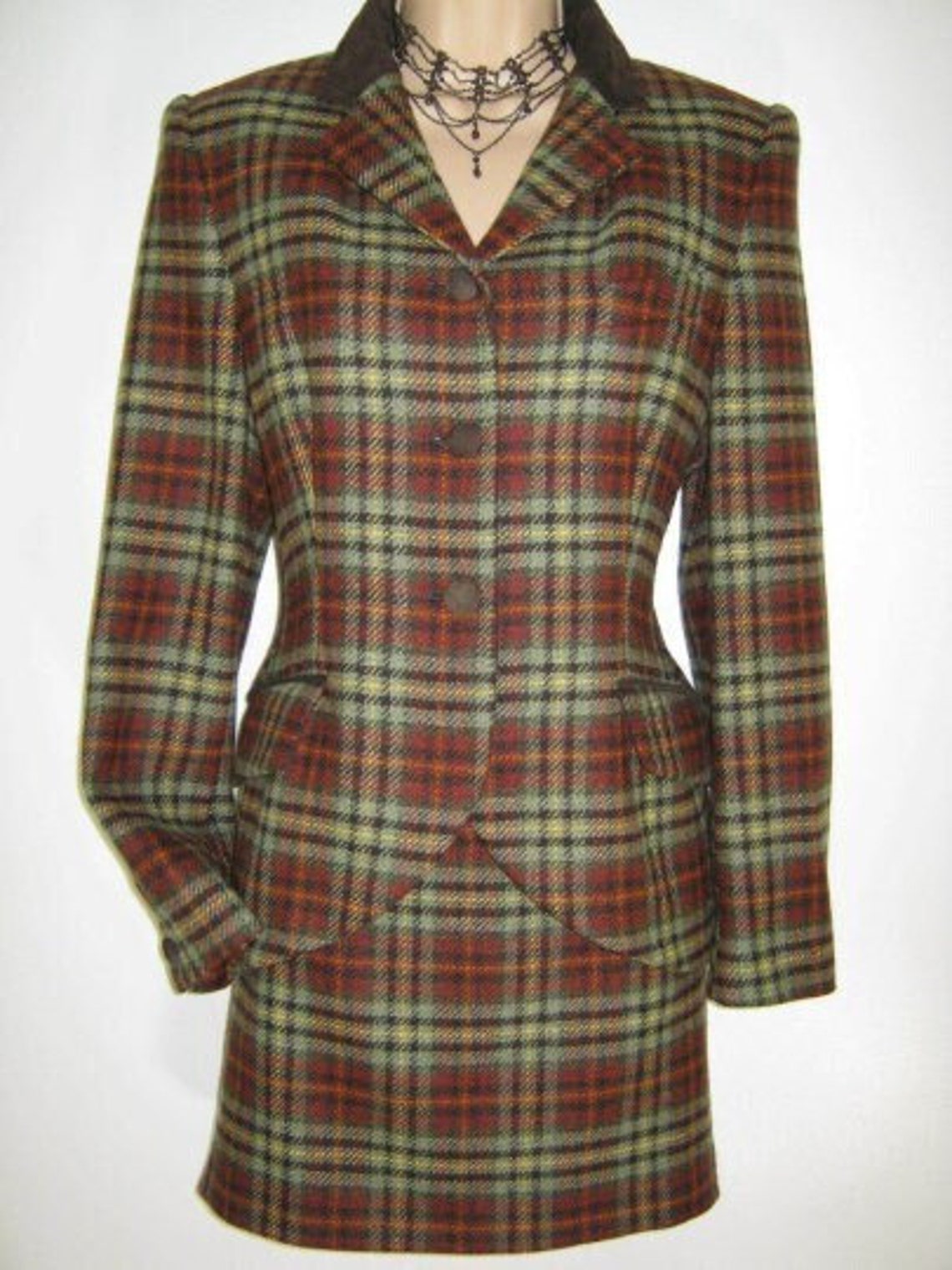 LAURA ASHLEY Vintage Classic Wool Plaid Tweed Suede Collar Jacket ...