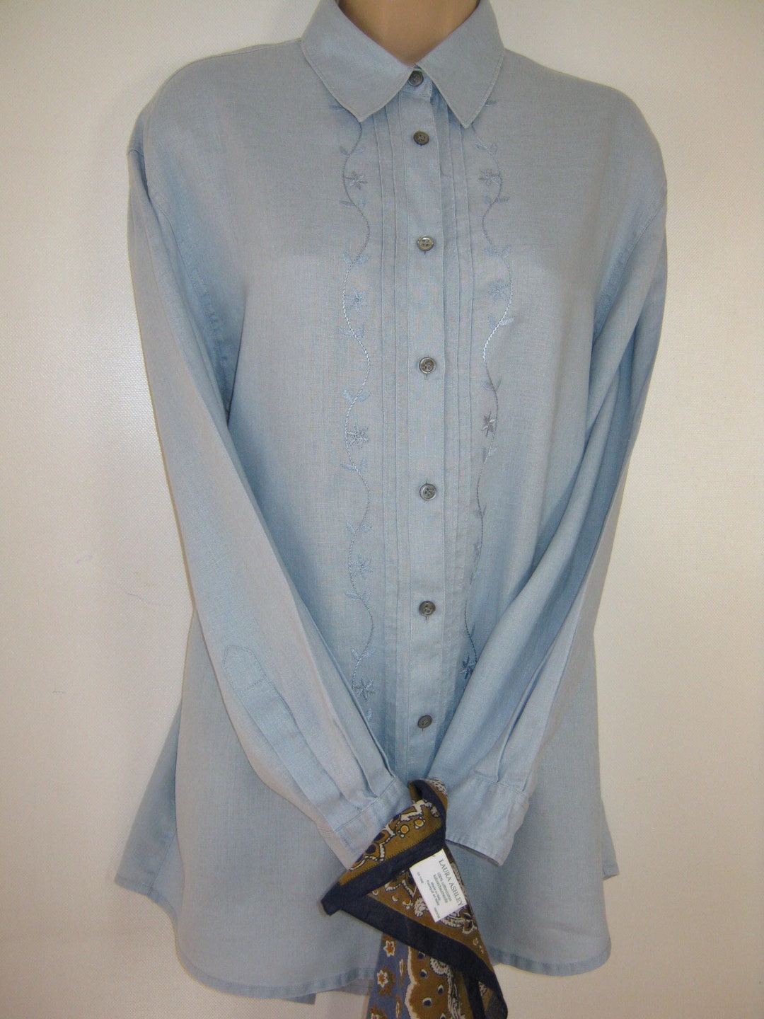 LAURA ASHLEY Vintage Slate Blue Pintuck Floral Embroidered 100% Linen ...