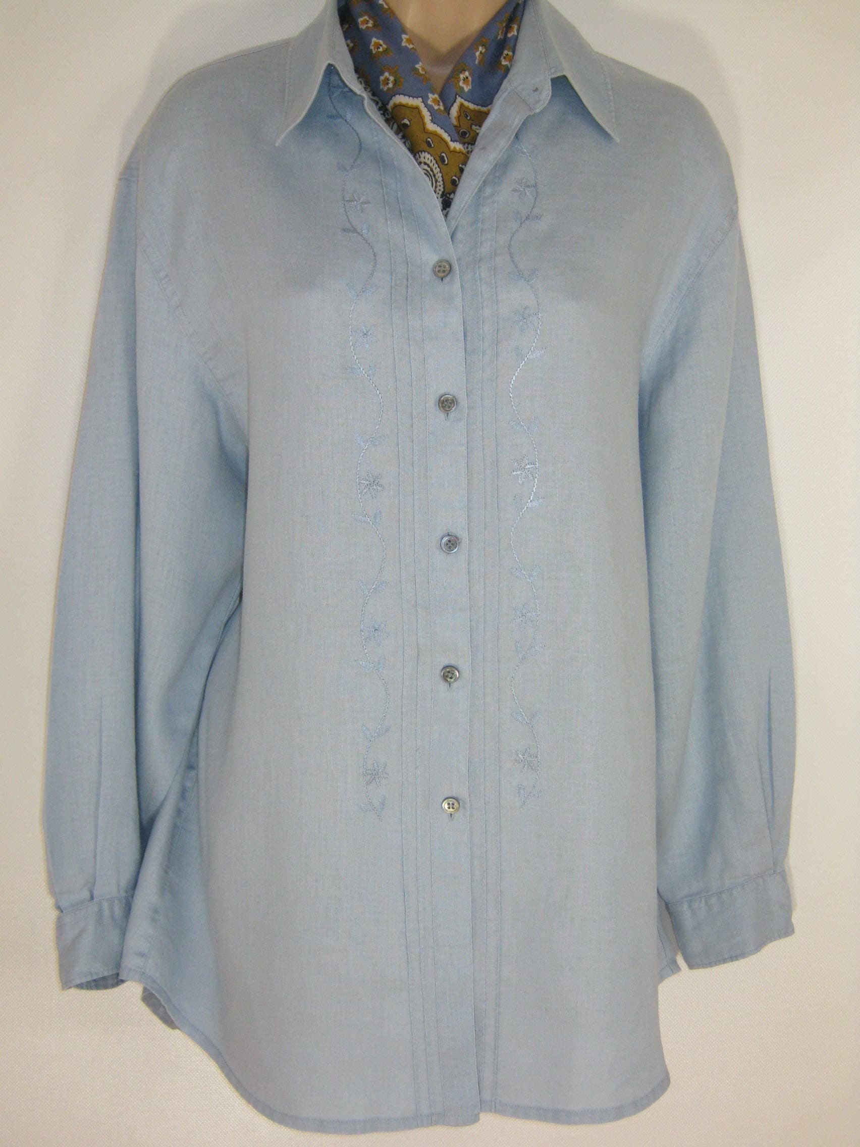 LAURA ASHLEY Vintage Slate Blue Pintuck Floral Embroidered 100% Linen ...