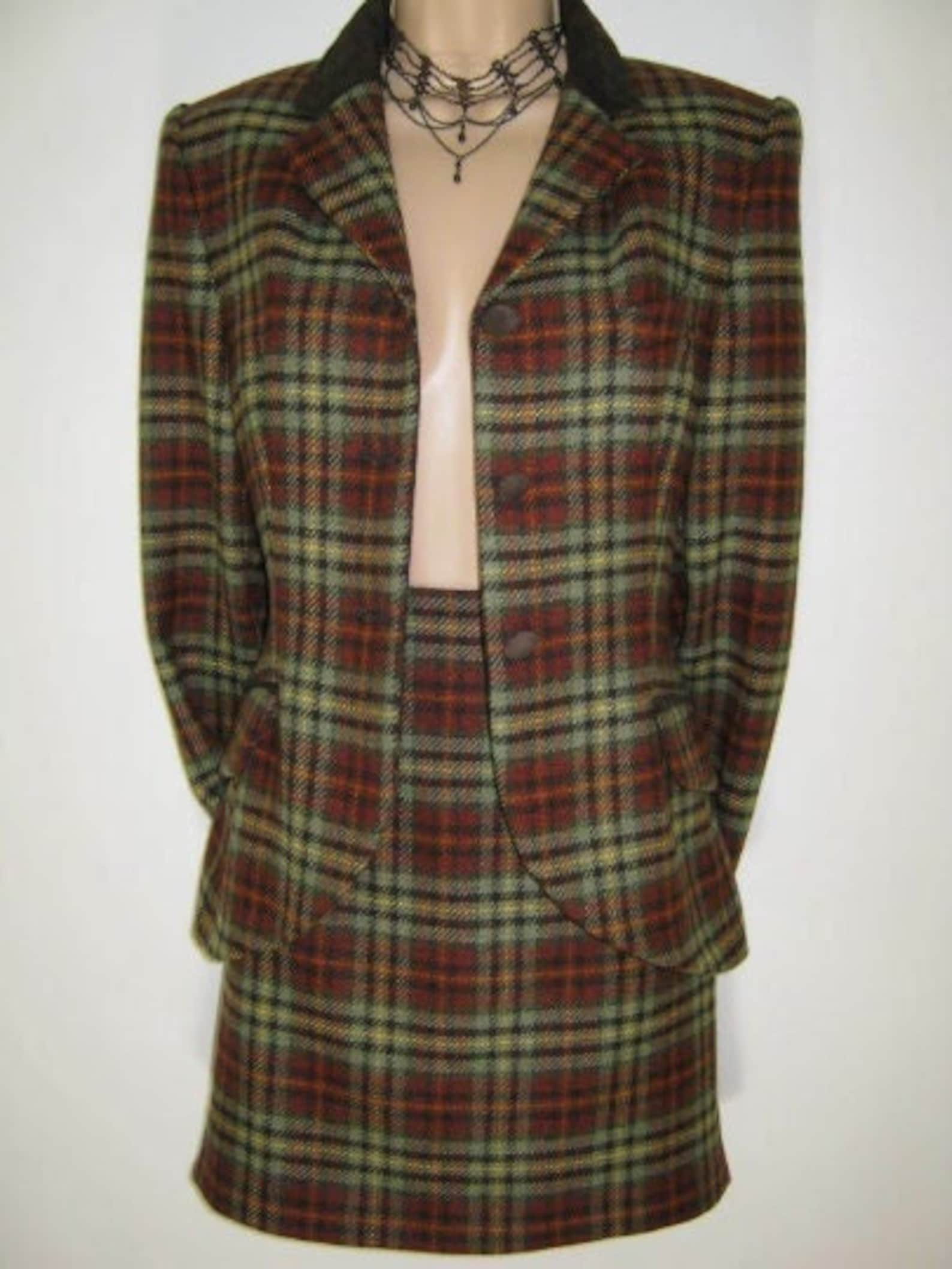 LAURA ASHLEY Vintage Classic Wool Plaid Tweed Suede Collar Jacket ...