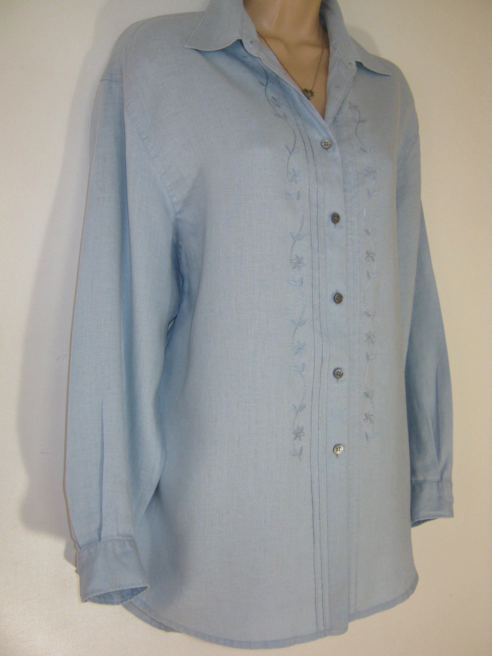 LAURA ASHLEY Vintage Slate Blue Pintuck Floral Embroidered 100% Linen ...