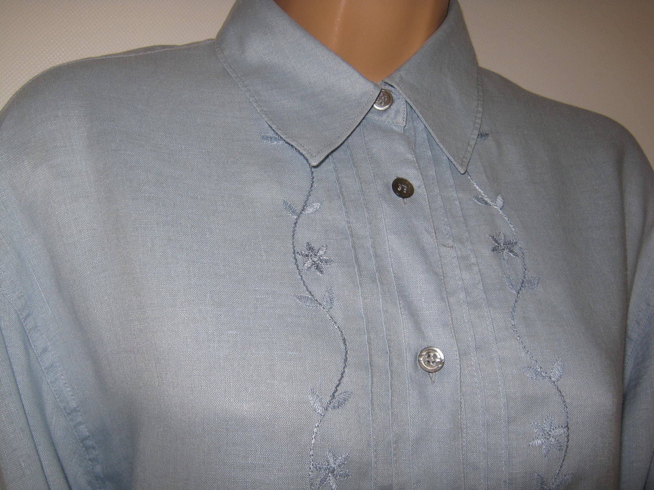 LAURA ASHLEY Vintage Slate Blue Pintuck Floral Embroidered 100% Linen ...