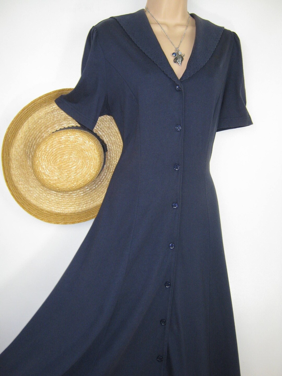 LAURA ASHLEY Vintage Navy Sailor Collar Nautical Cotton Jersey Summer ...