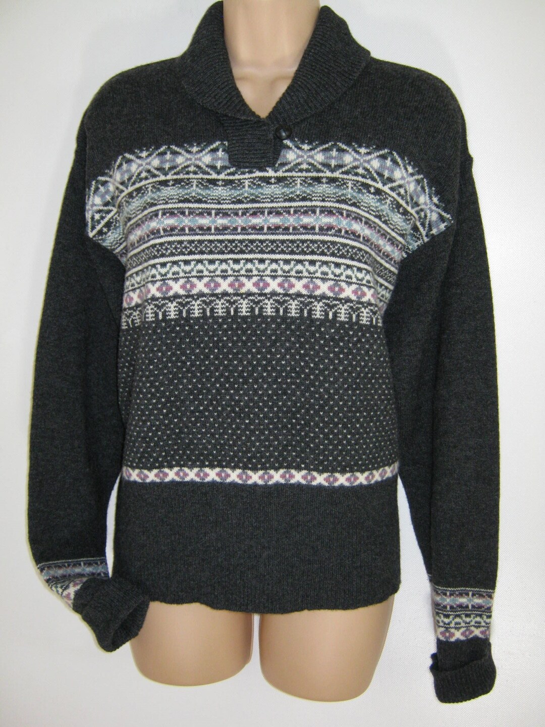 LAURA ASHLEY Vintage Dark Grey Shawl Collar 100% Wool Fair Isle Winter ...