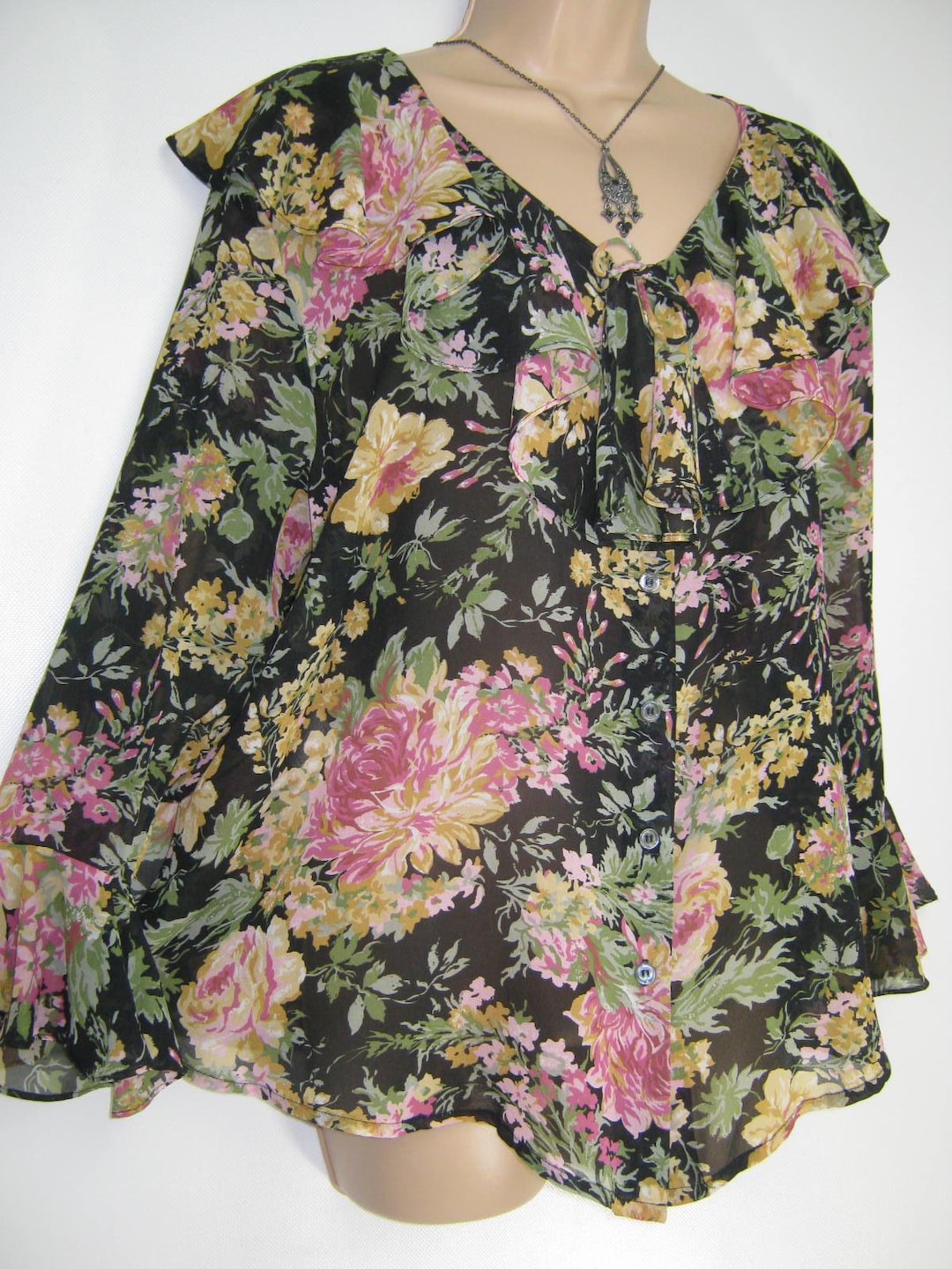LAURA ASHLEY Vintage Whispery Sheer Ethereal Silk Rose Floral Tie-band ...