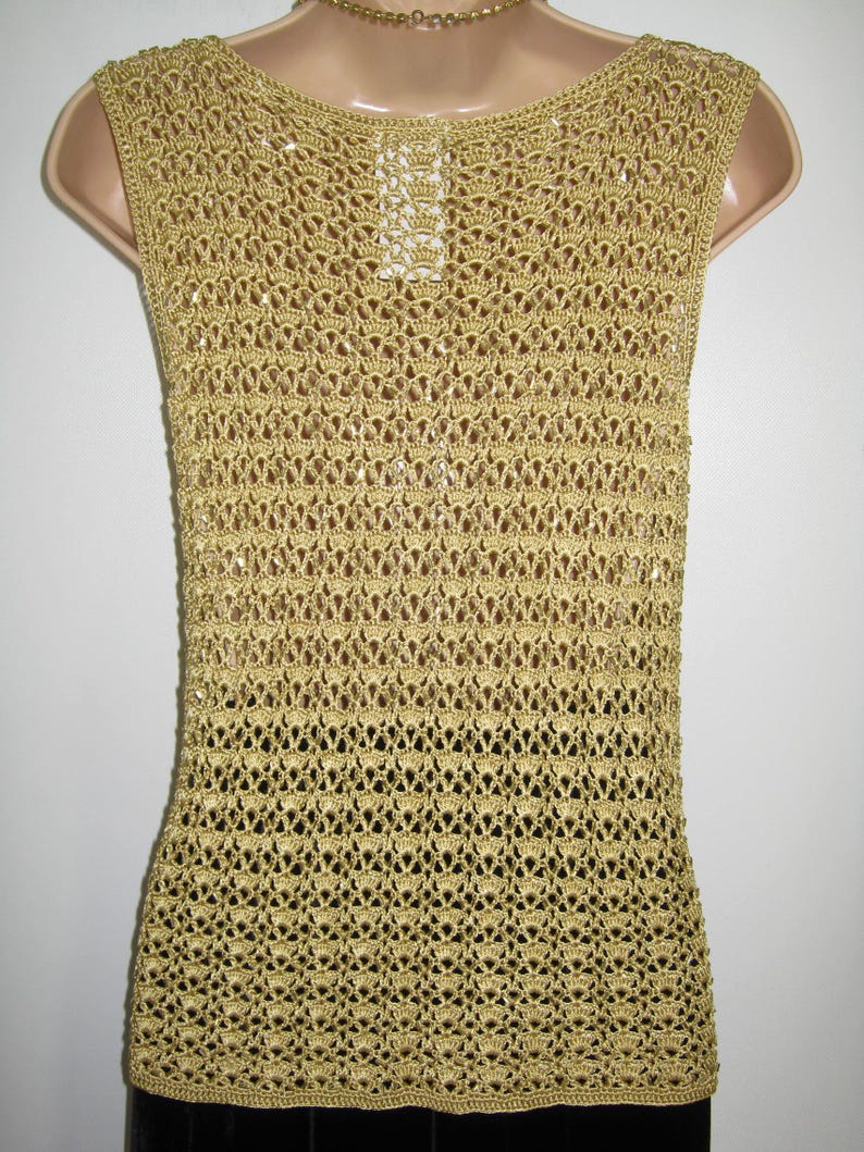 LAURA ASHLEY Vintage Gold Beaded Crochet Stretch Knit Festive Party Top ...