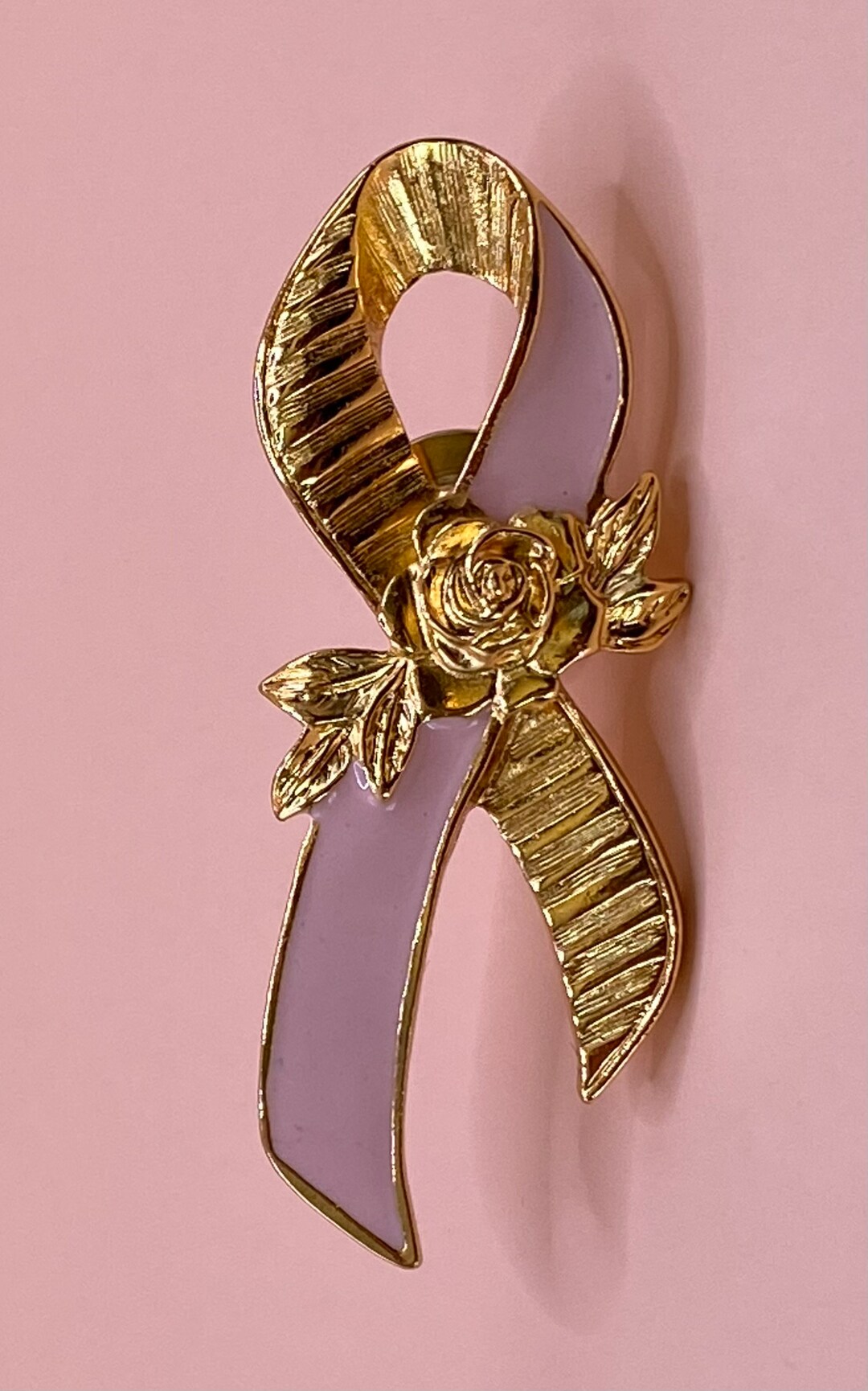 Breast Cancer Ribbon Pin and Rose Pin Brooch Pink Enamel and Gold Tone ...