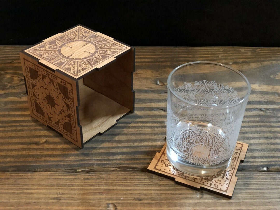Hellraiser Cube Puzzle Box Handmade Laser Engraved 6 Piece Wooden Coaster Set Prop Replica ...