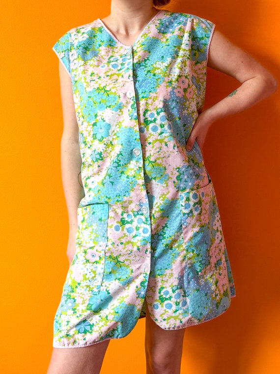 1960s Vintage Blue Floral Button Up House Dress || XL… - Gem