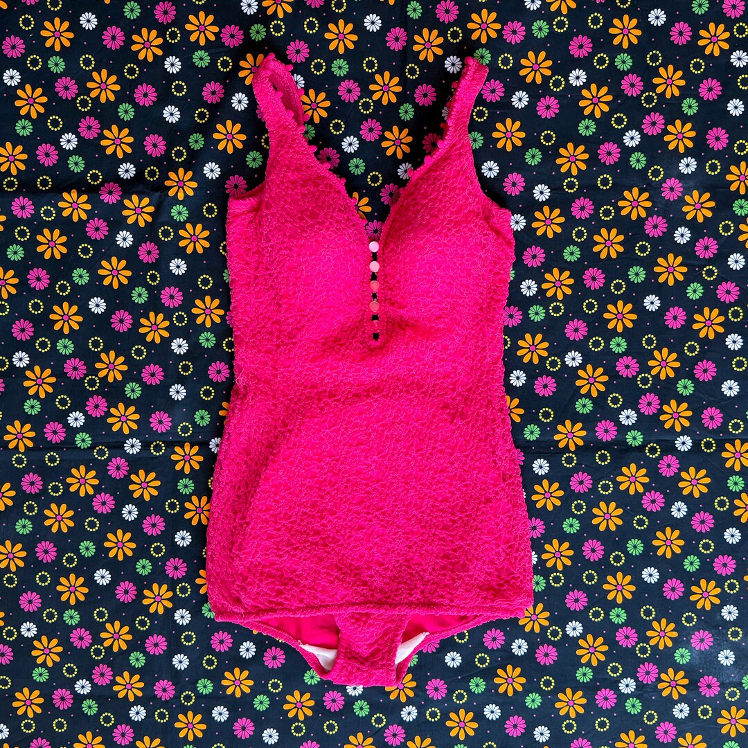 1960s Vintage One Piece Pink Bathing Suit M Darlene Swim Wear Textured ...