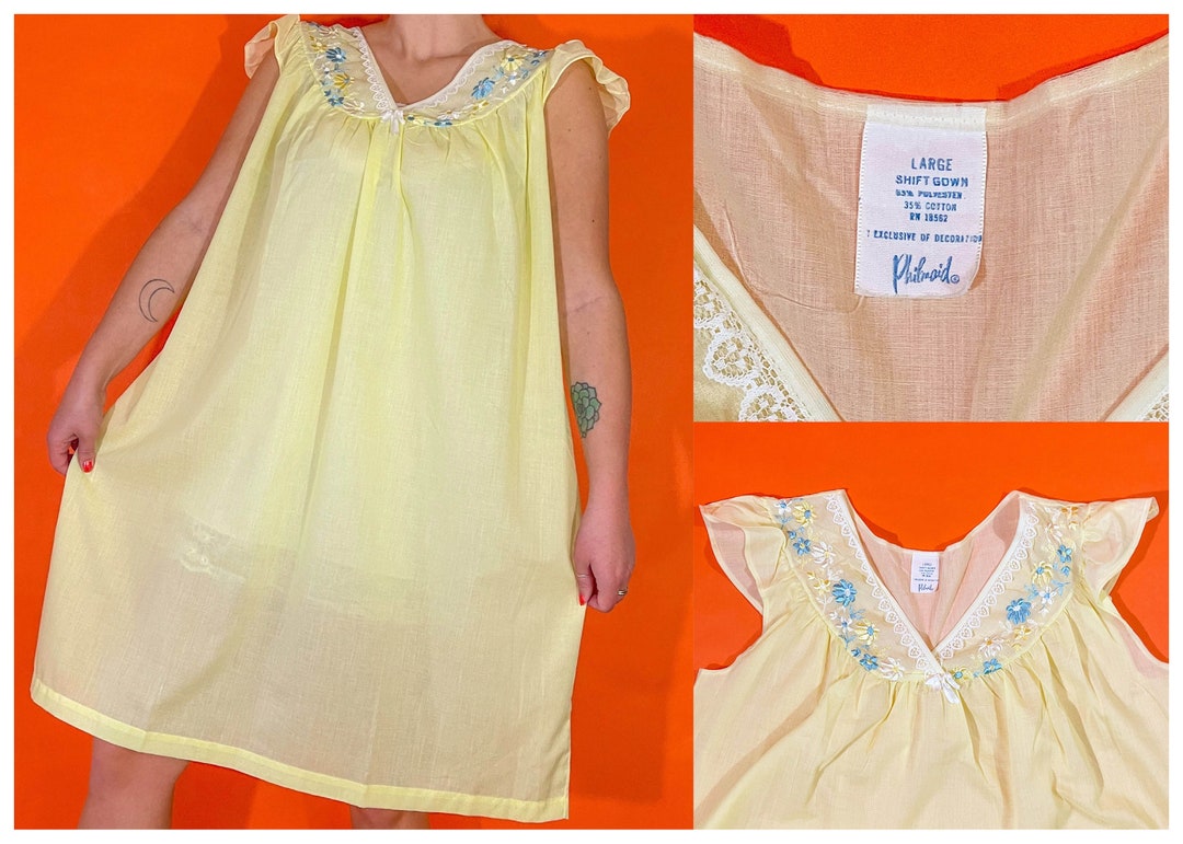 1960s Vintage Embroidered Yellow Night Gown || XL || Philmaid Lounge ...