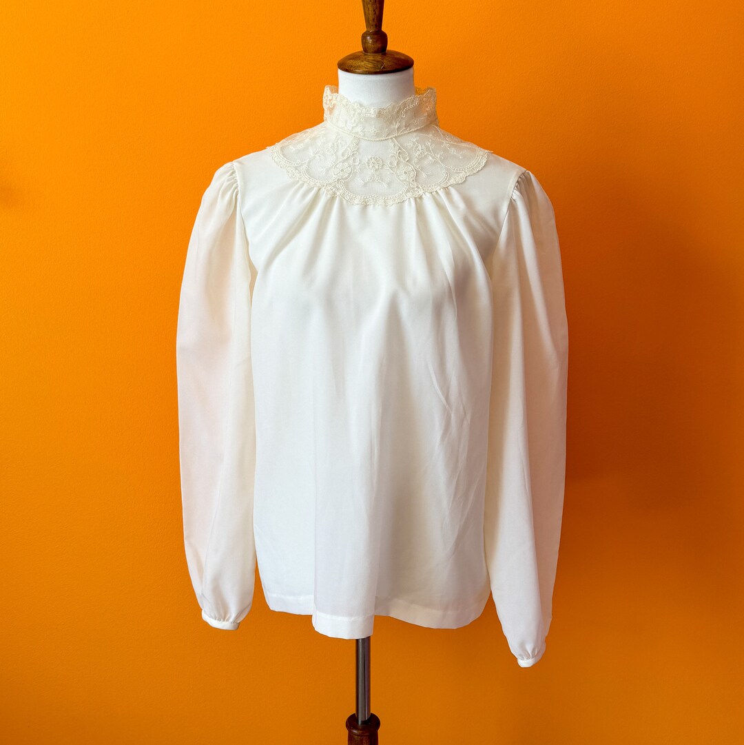 70s 80s Vintage White High Collar Blouse L Koret Puff Sleeve Layering ...