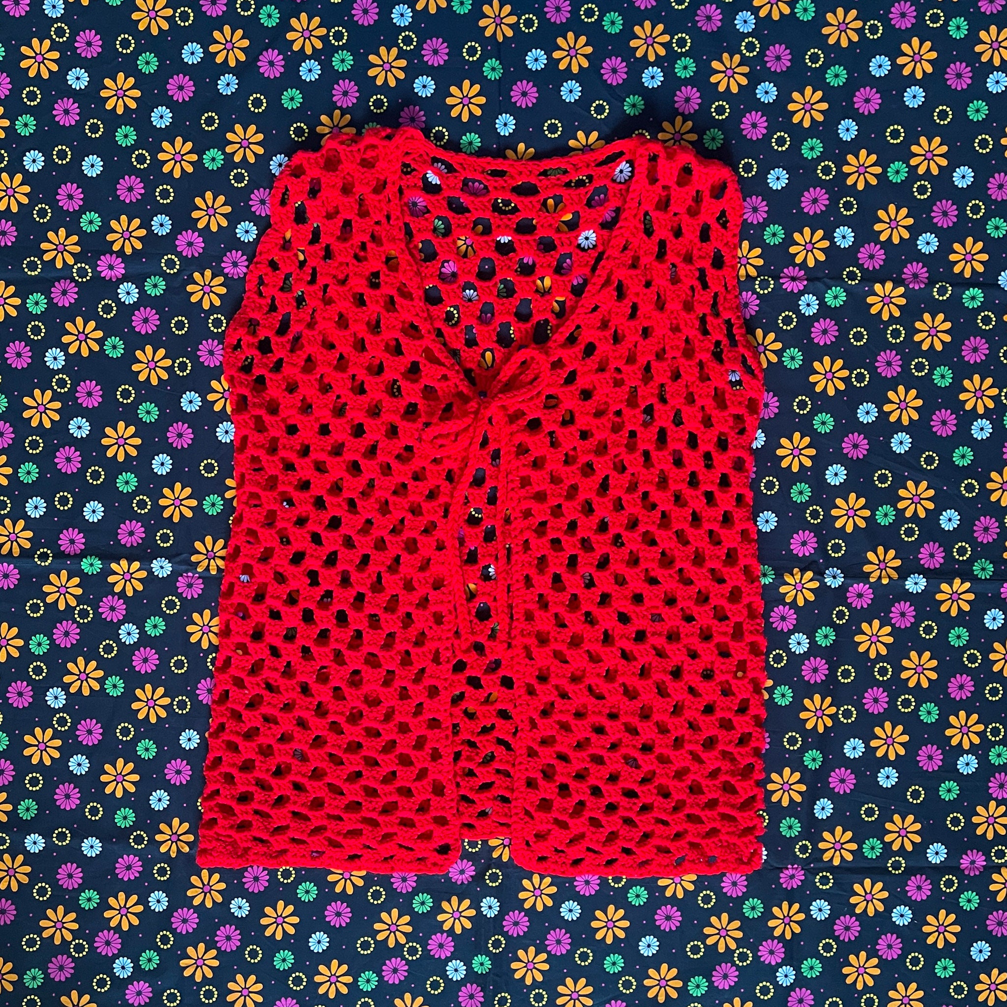 1960s Vintage Red Knit Hippie Vest || M / L || Handmade Crochet 60s 70s ...