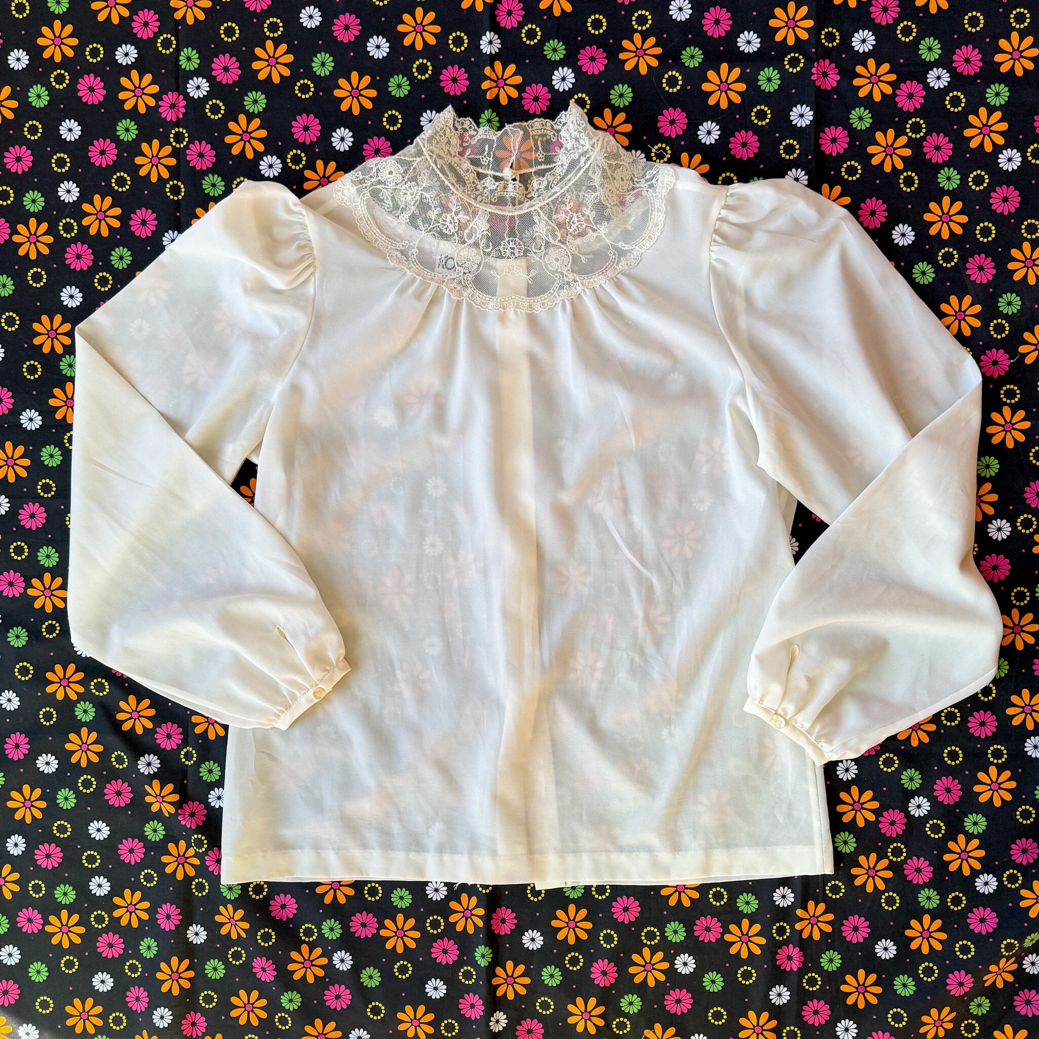 70s 80s Vintage White High Collar Blouse L Koret Puff Sleeve Layering ...