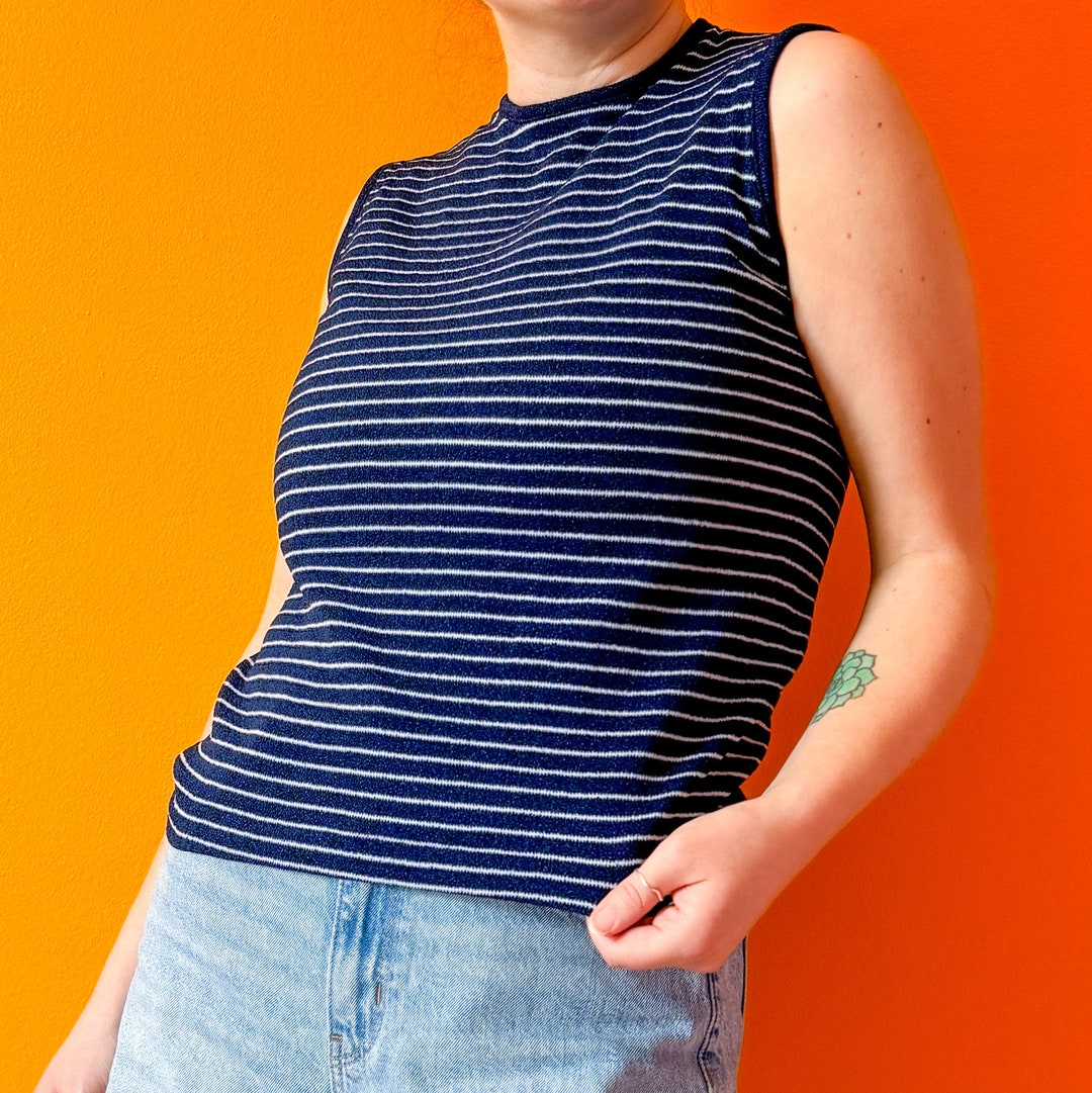 1960s Vintage Navy Blue Knit Nylon Tank Top || S || Retro Mod Mockneck ...