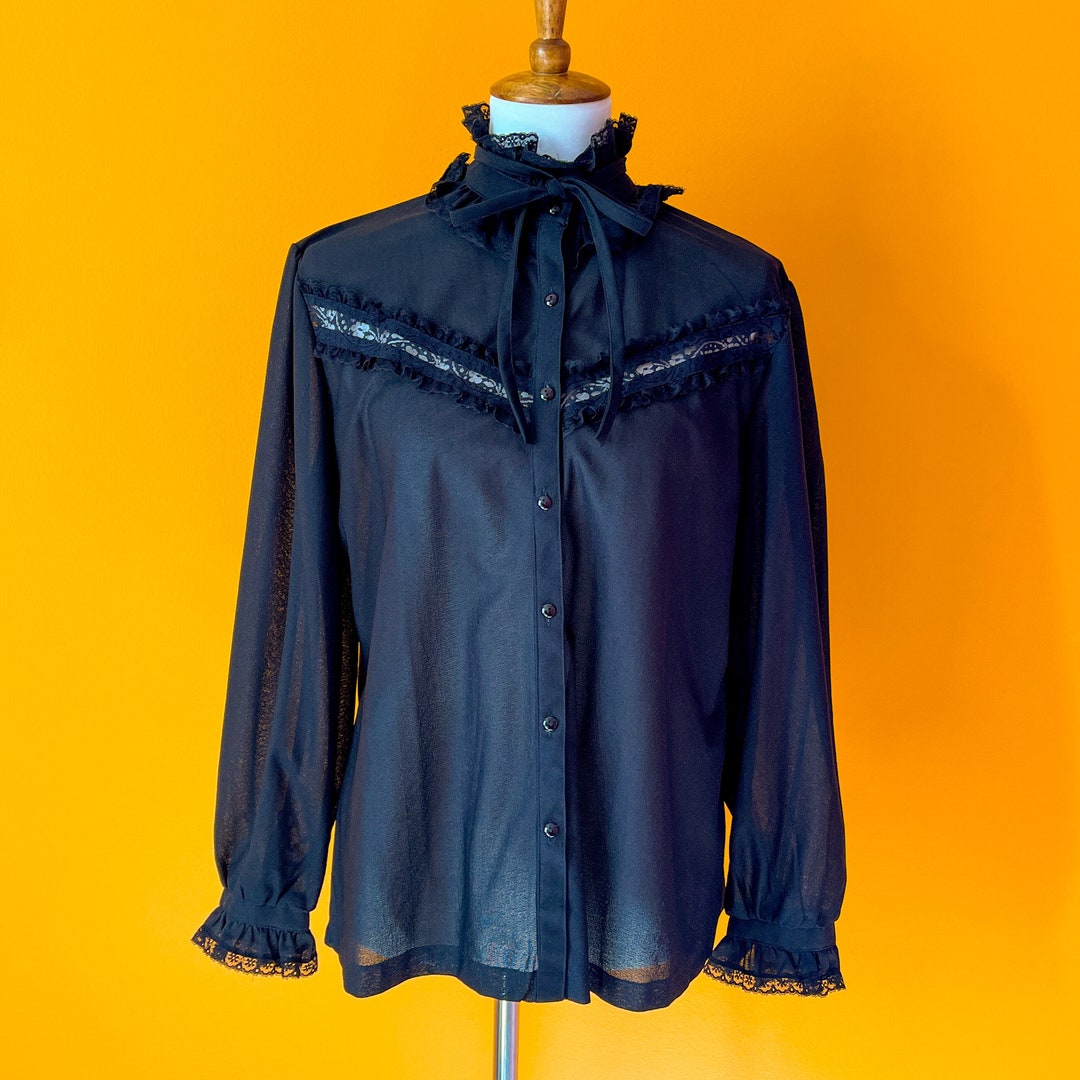 1960s Vintage Black Frilly Blouse || M / L || Button up Hippie Lace ...