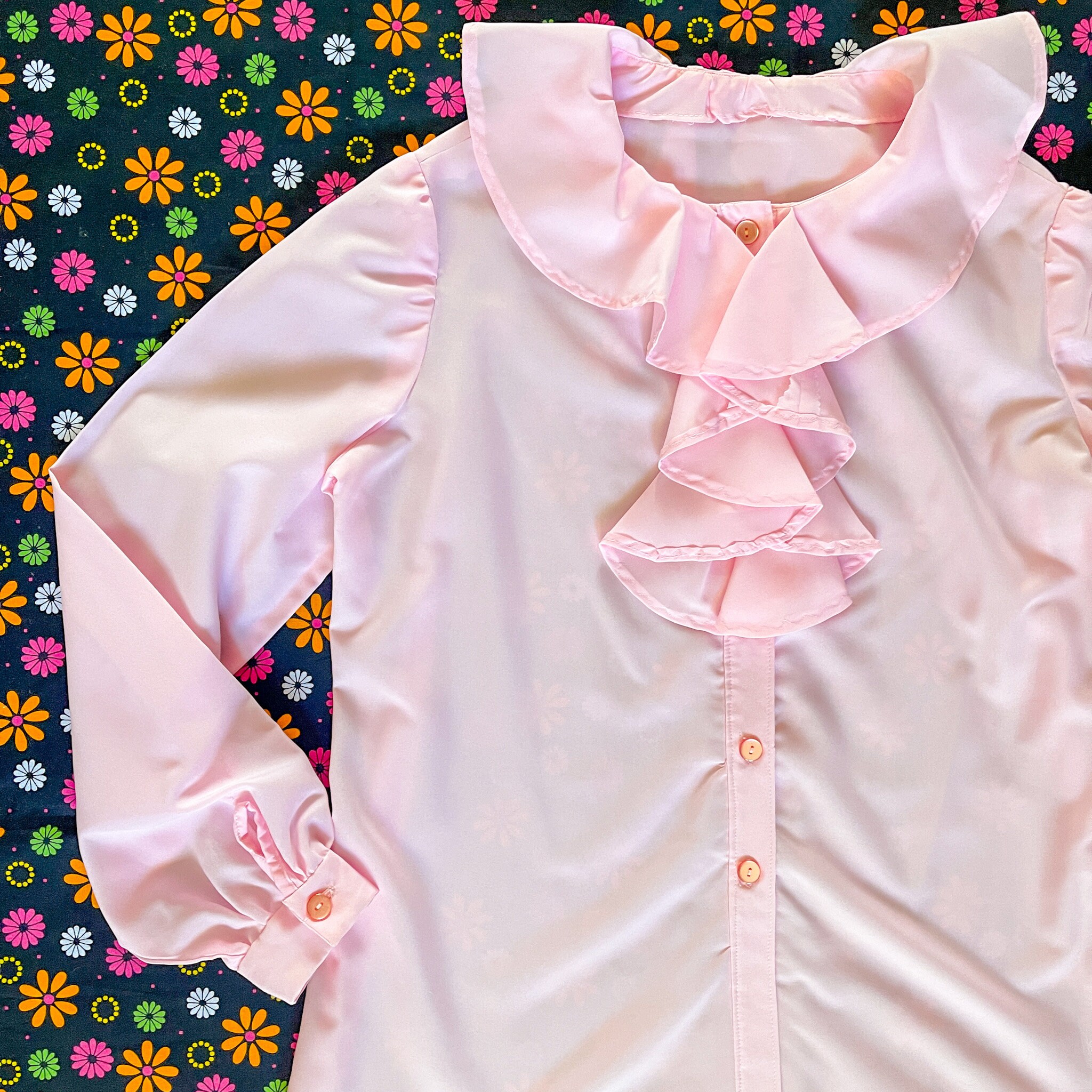 1960s Vintage Handmade Pink Frilly Blouse || XL 1X || Collared Button ...