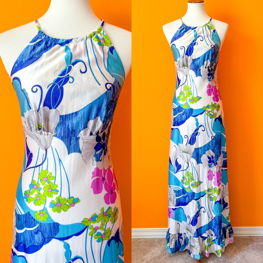 1960s Vintage Flower Power Maxi Dress || S || Halter Blue Purple Green ...