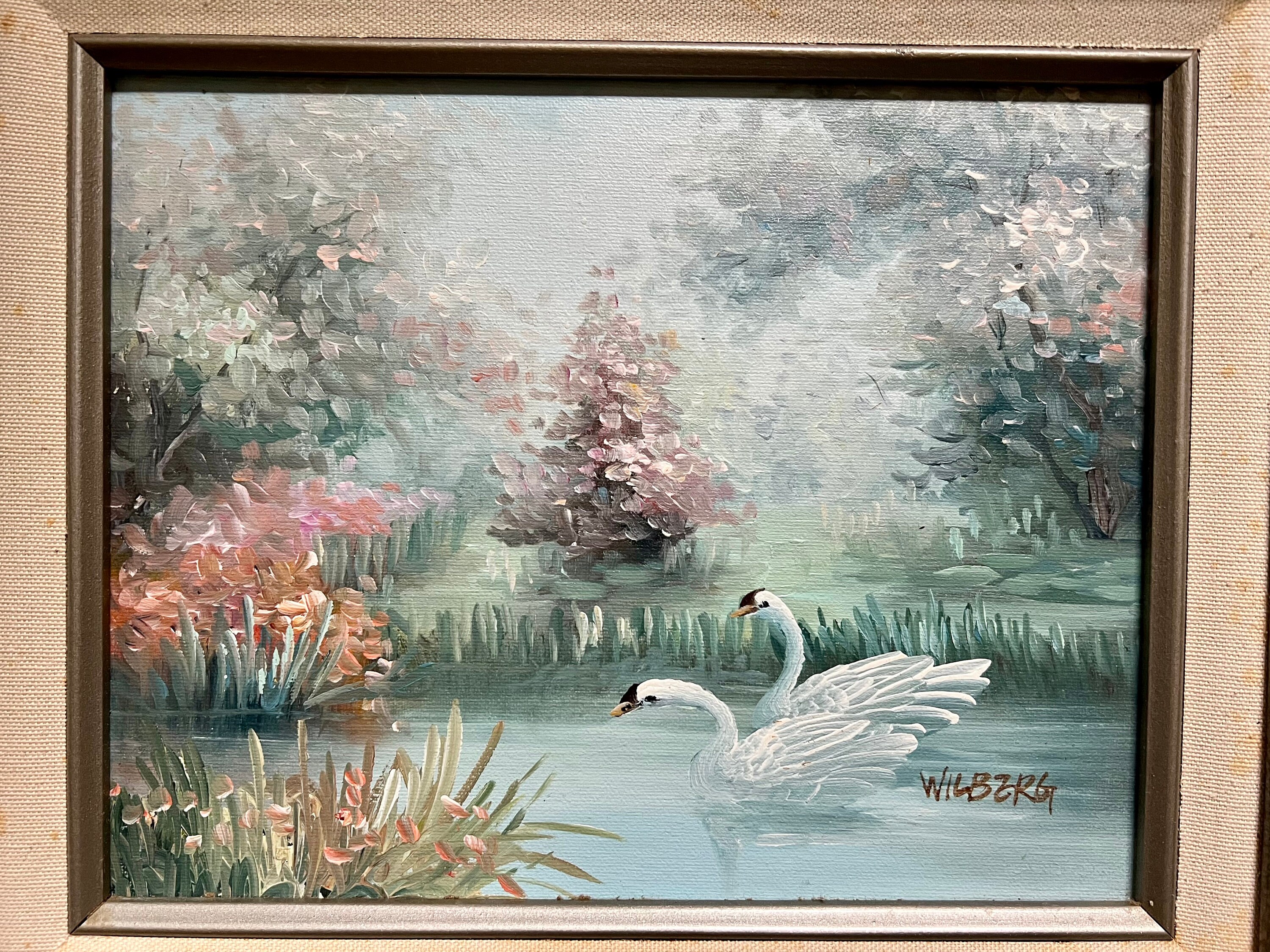Original Landscape Painting of Swans, Vintage Painting of Swans in a ...