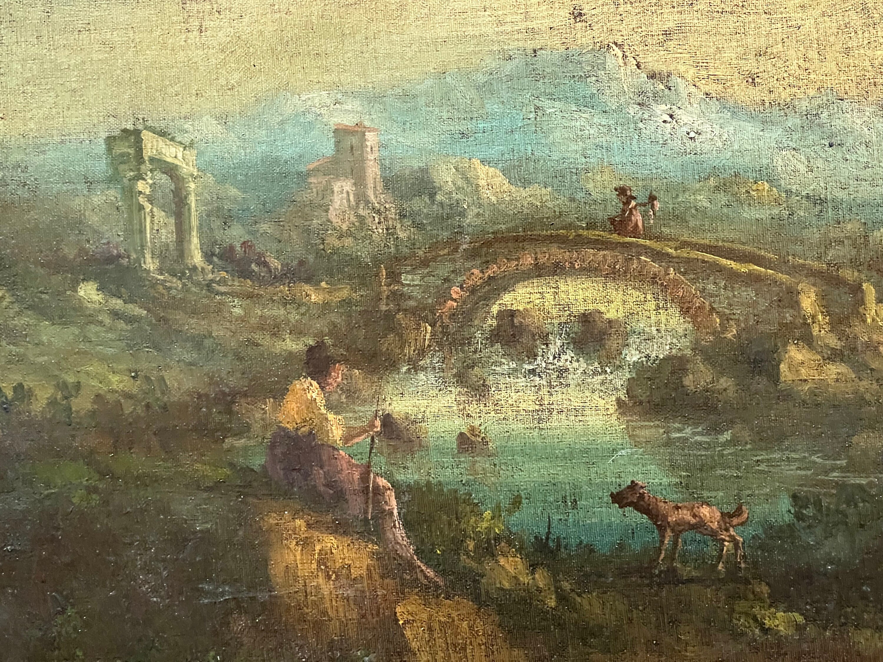 Antique Allegorical Oil Painting With Italianate Ruins and Dog, Antique ...