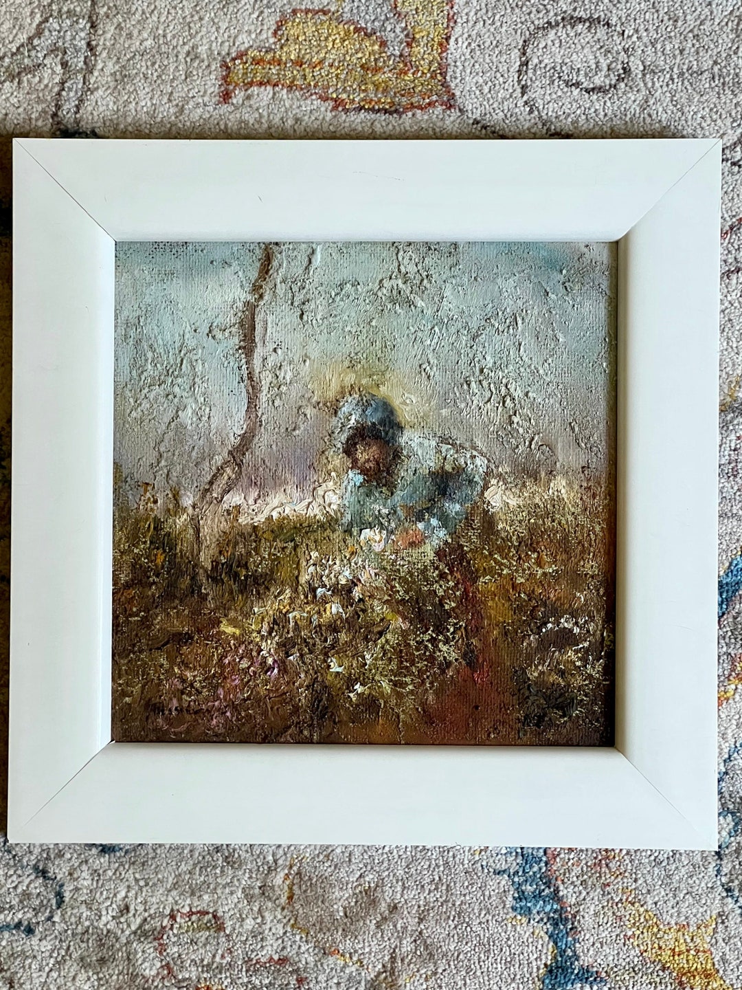 Vintage Impasto Oil Painting: Woman in Flower Field, Framed Art - Etsy
