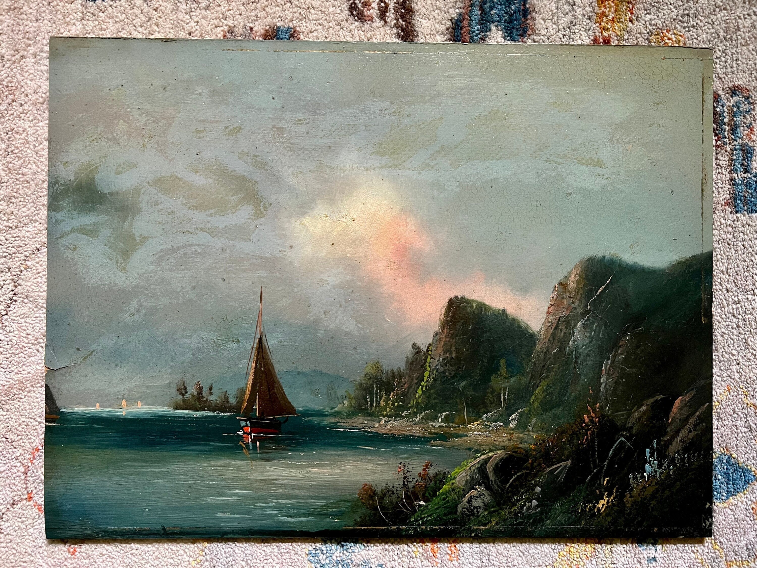 Vintage Original Hudson River Style Oil Painting, Ships and Harbor With ...