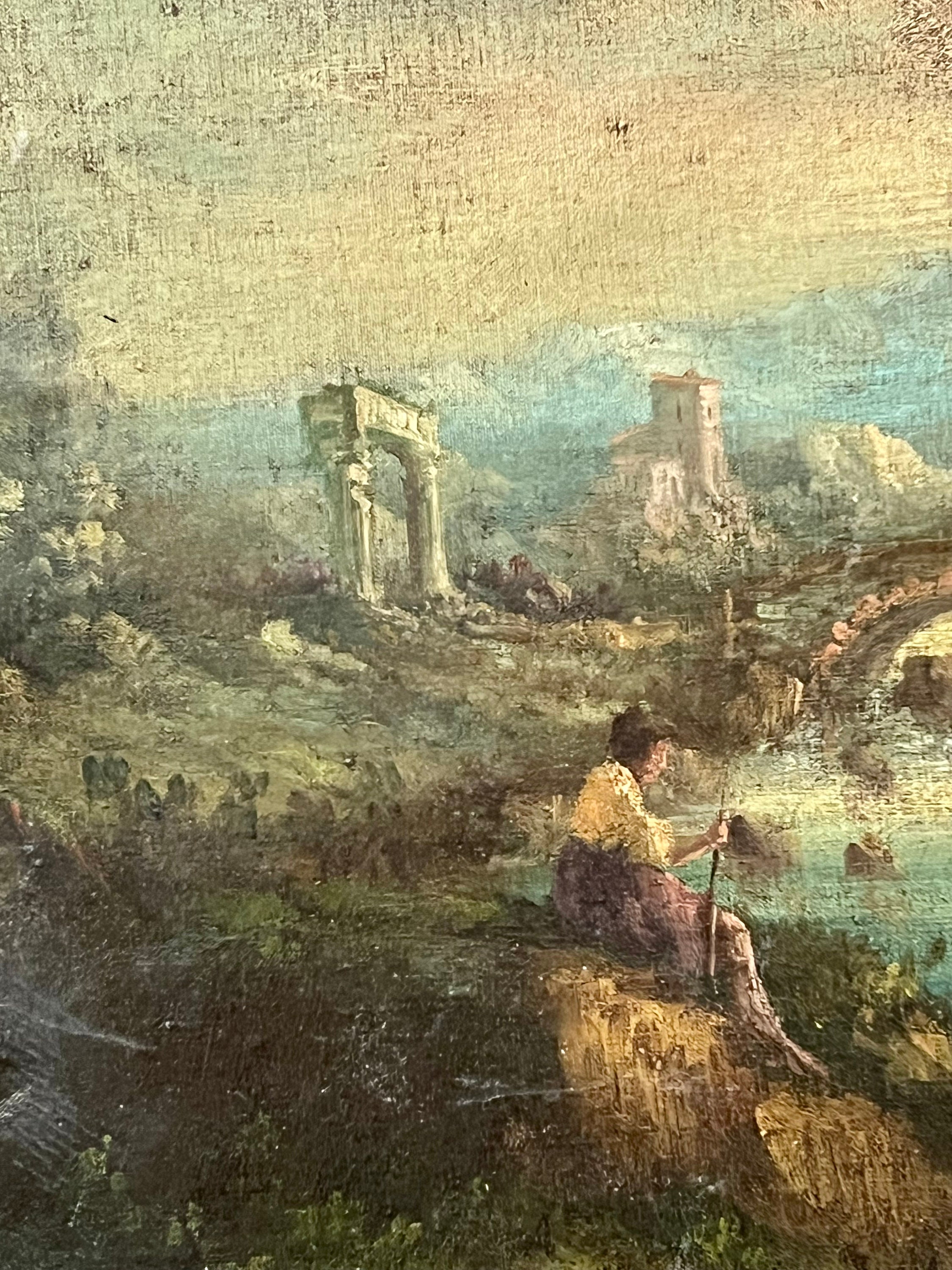 Antique Allegorical Oil Painting With Italianate Ruins and Dog, Antique ...