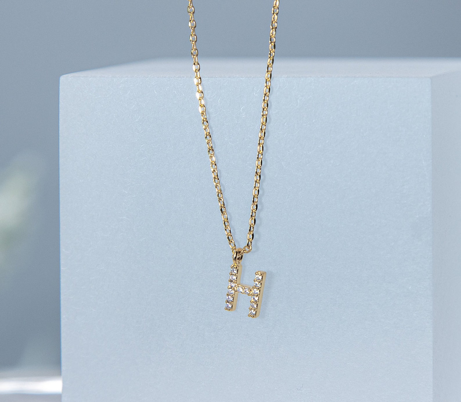 Mini Letter H Necklace, Paved Initial H Necklace, Personalized Jewelry ...