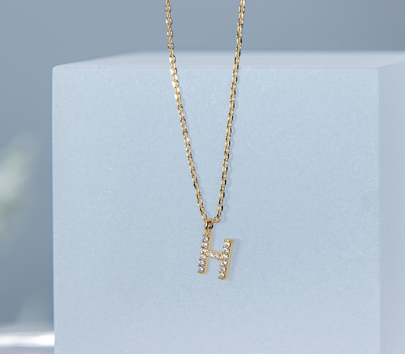 Mini Letter H Necklace, Paved Initial H Necklace, Personalized Jewelry ...