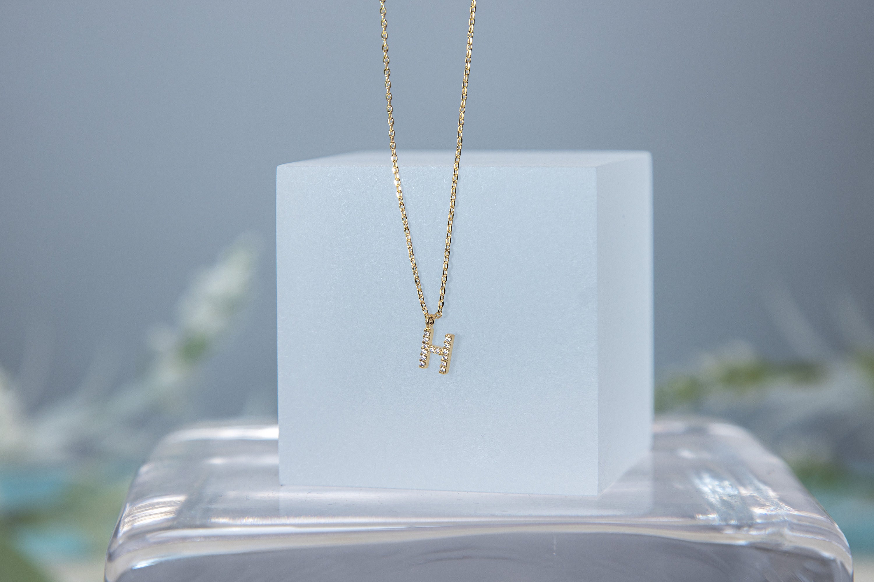 Mini Letter H Necklace, Paved Initial H Necklace, Personalized Jewelry ...