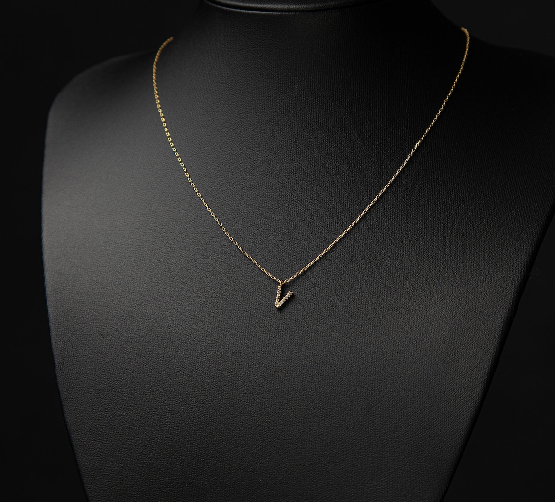 Paved Initial V Necklace, Small Letter V Necklace, Personalized Jewelry ...