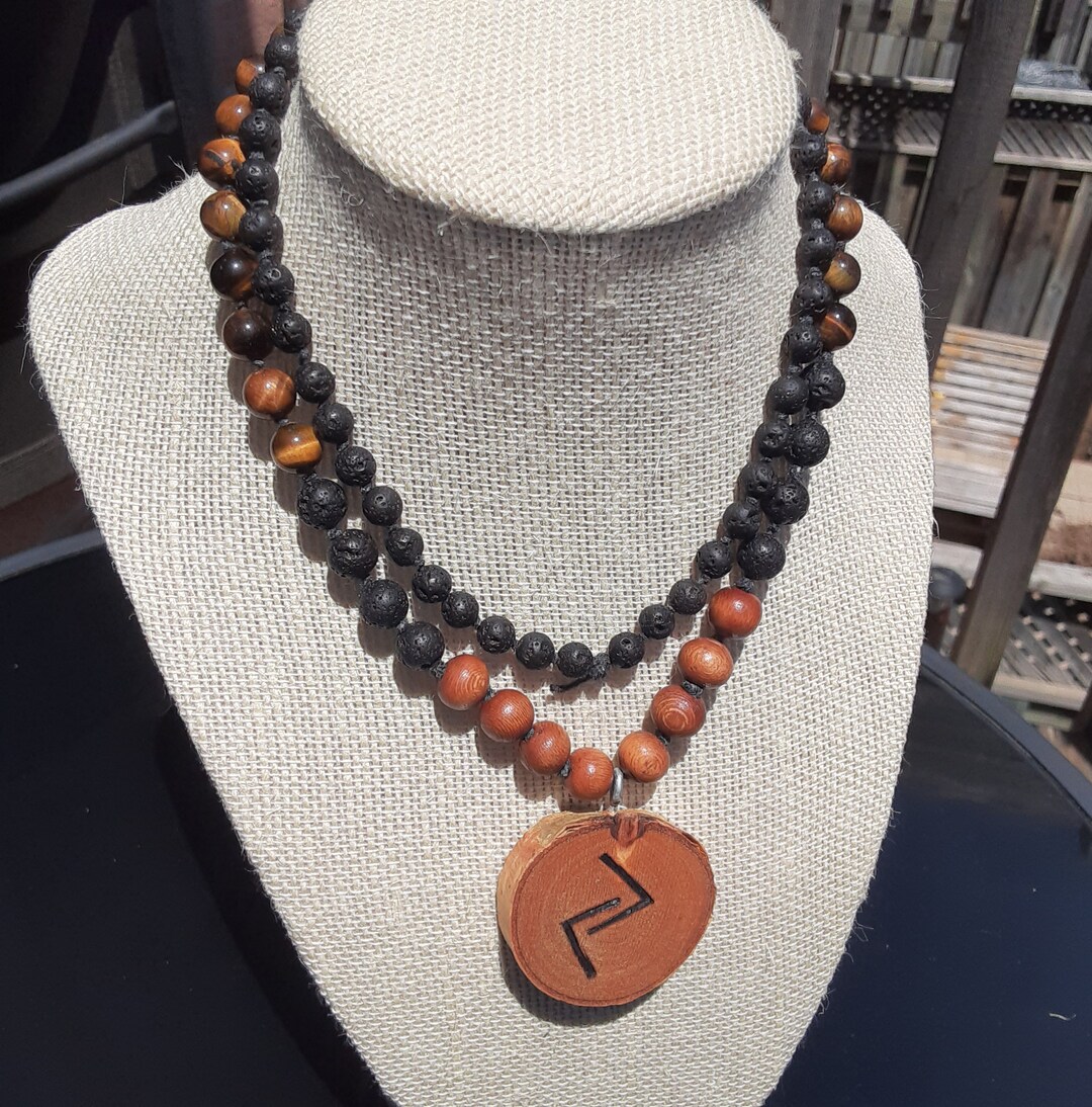 AWESOME Jera Rune/ Black Lava Stone/ Tiger's Eye Knotted Necklace ...