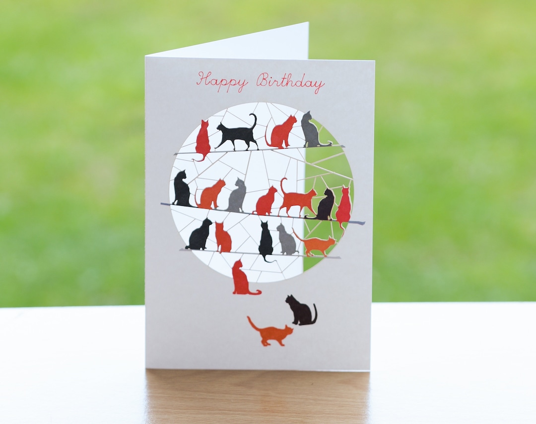 Cats on Wires Happy Birthday Card - Cat Lover Card - Lasercut Card ...