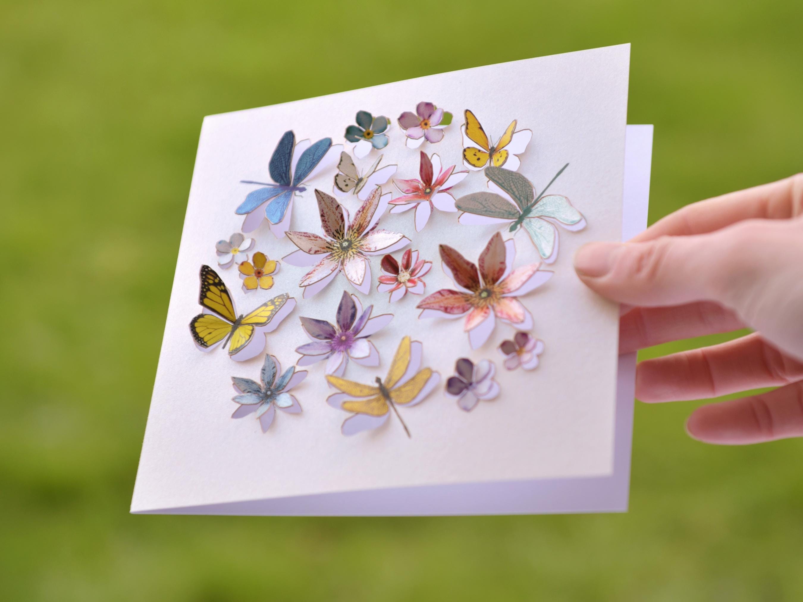 Butterfly, Flower and Dragonfly Blank Card - Spring Time Card, 3D ...