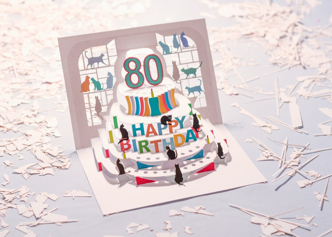 80th Birthday Cat Card - Pop up Card - Age 80 Card, Birthday Cat Card ...