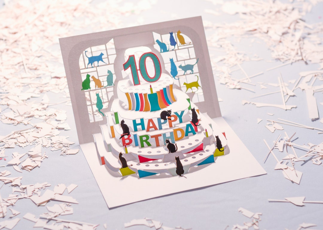 10th Birthday Cat Card - Pop up Card - Age 10 Card, Birthday Cat Card ...