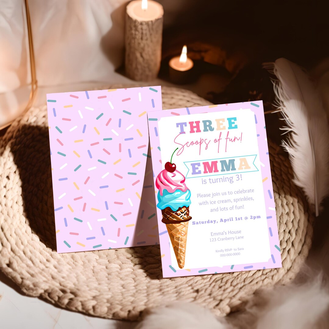 Three Scoops of Fun Birthday Invitation Template, Editable Ice Cream ...