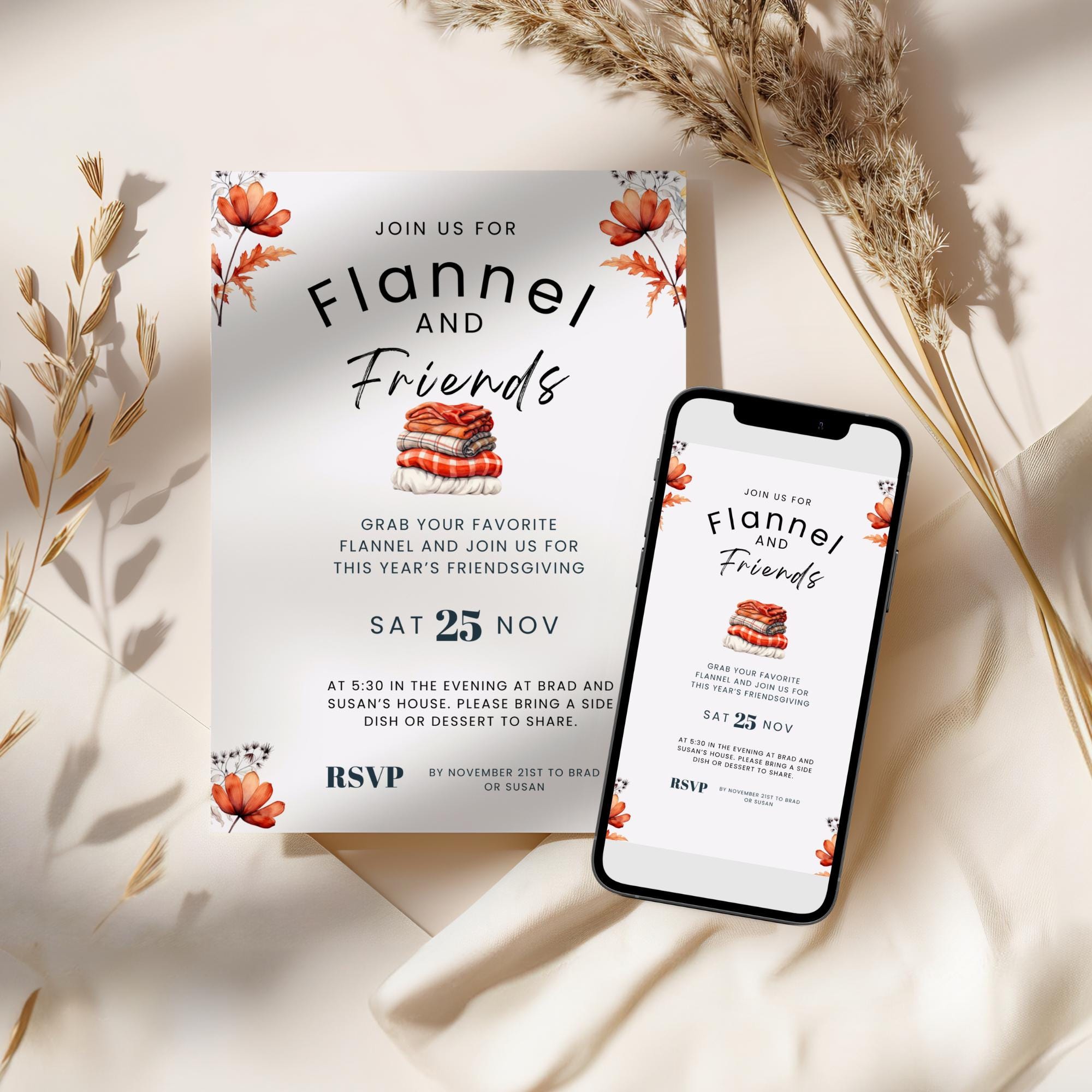 Friendsgiving Invitation Template, Printable Flannel and Friends Invite ...