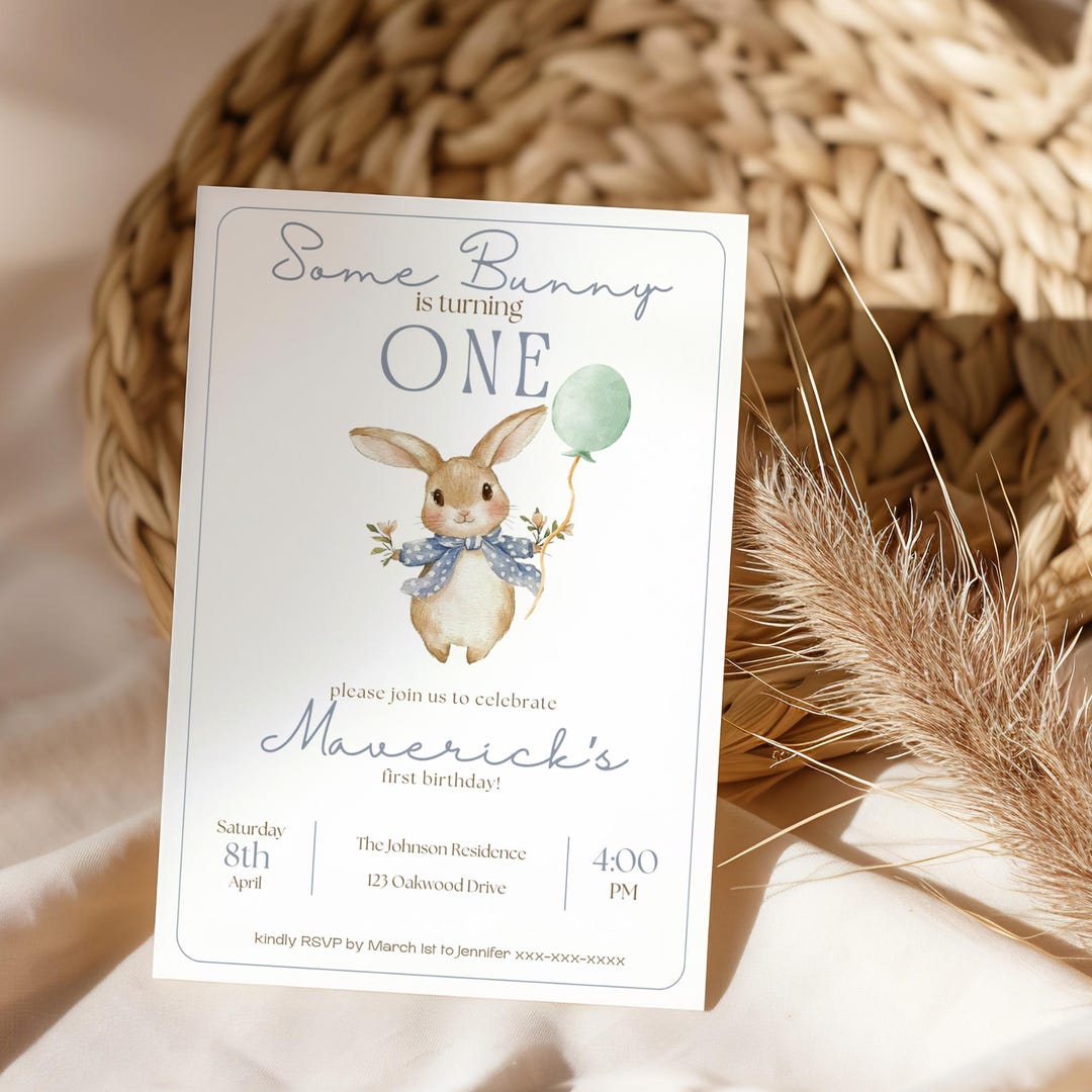 Bunny Birthday Invitation Template, Editable Somebody is One Invite ...