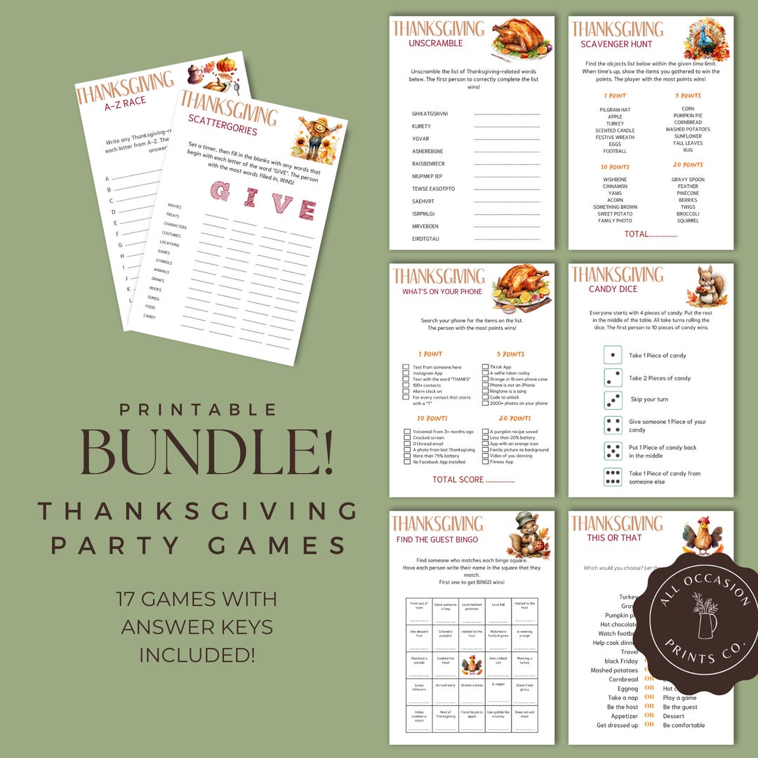 Thanksgiving Game Bundle Printable Thanksgiving Games - Etsy