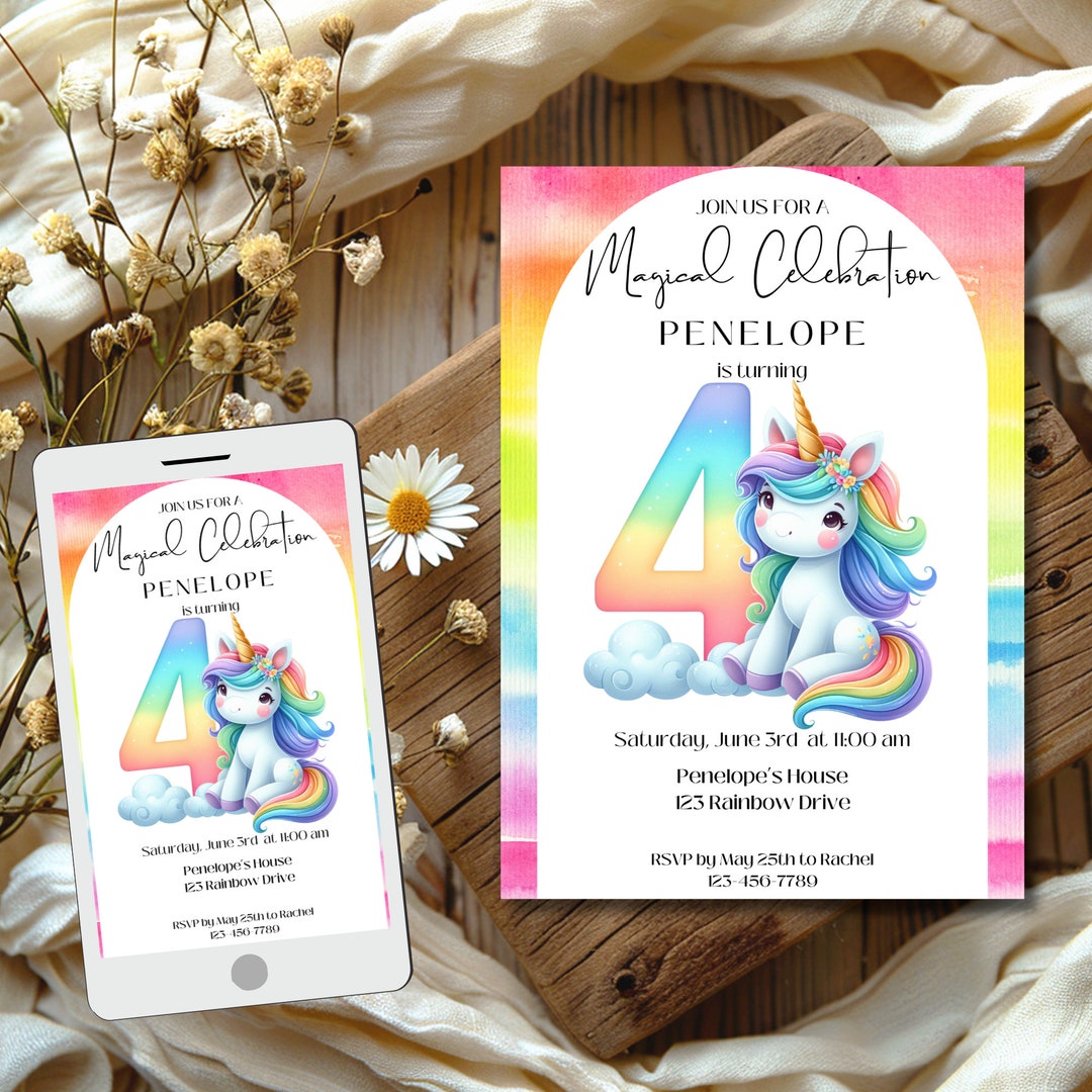 Editable Unicorn 4th Birthday Invitation Template, Printable Unicorn ...