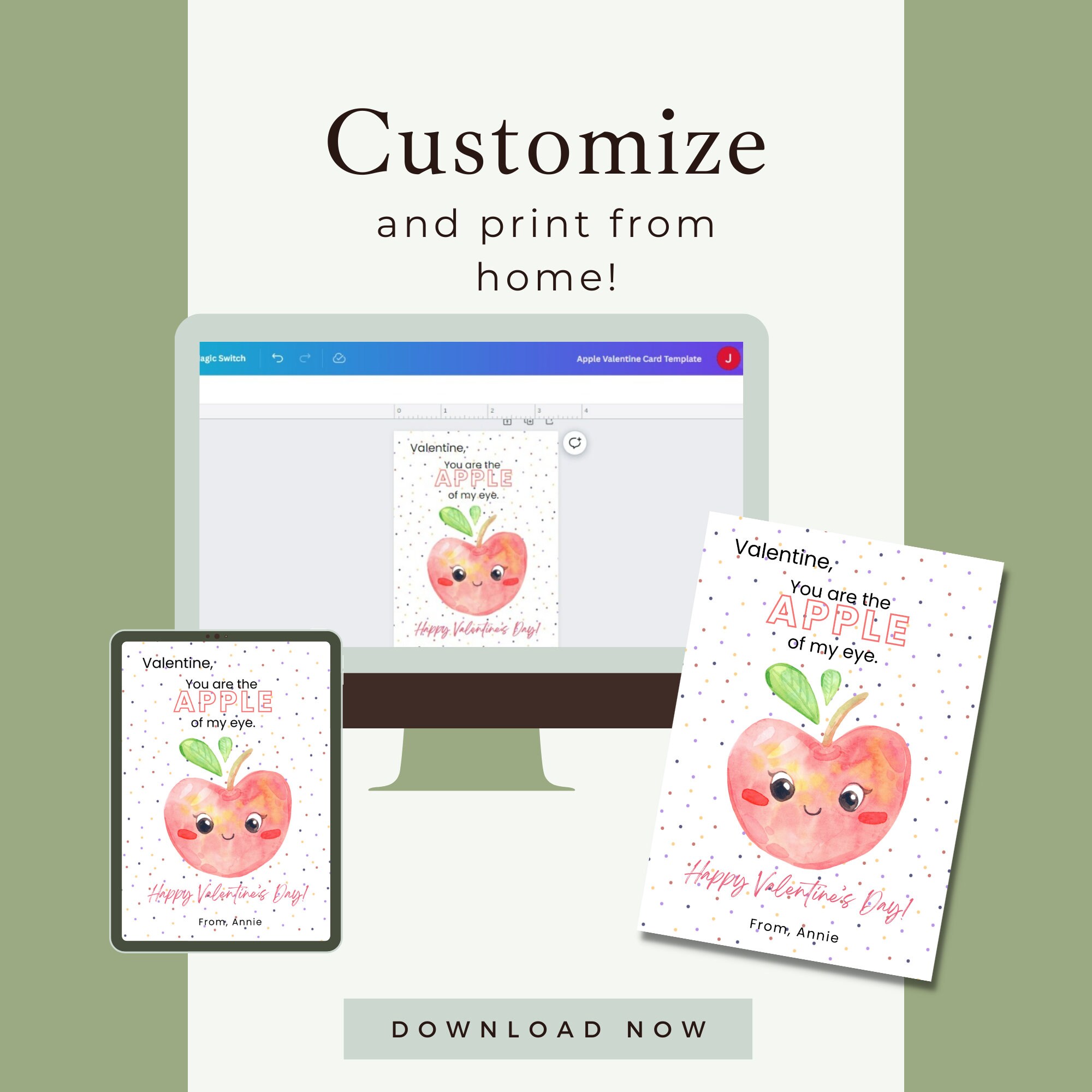 Printable apple of My Eye Valentine's Day Card, Canva Template, DIY ...