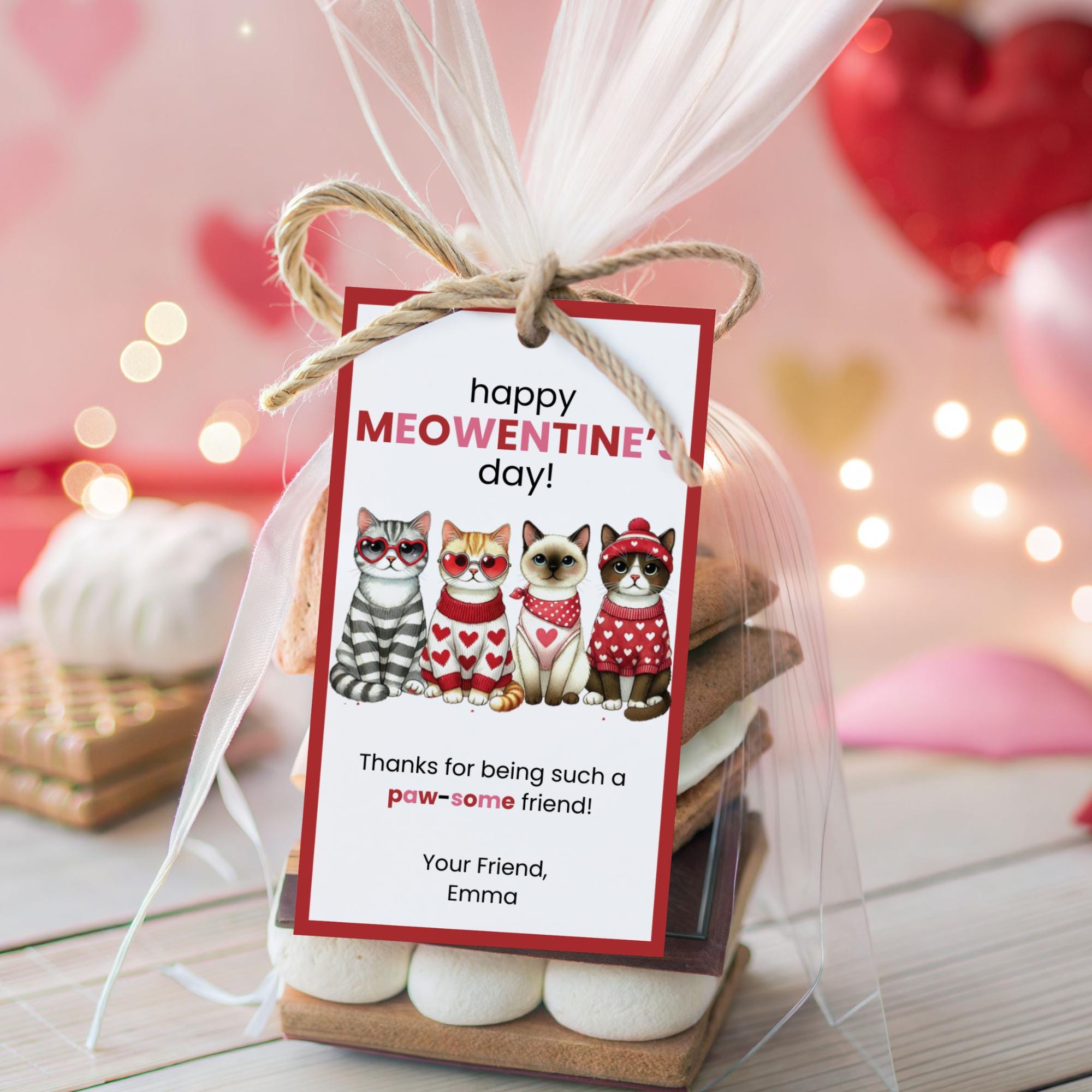 Valentine Card Template, Printable Cat Valentine Tag, Editable Kittens ...