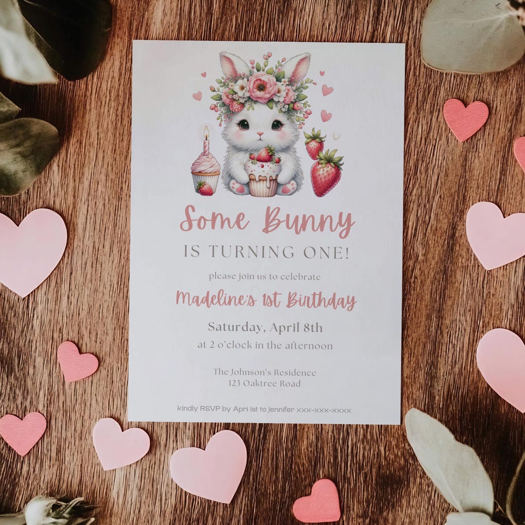 Bunny Birthday Invitation Template, Editable Some Bunny is One Invite ...